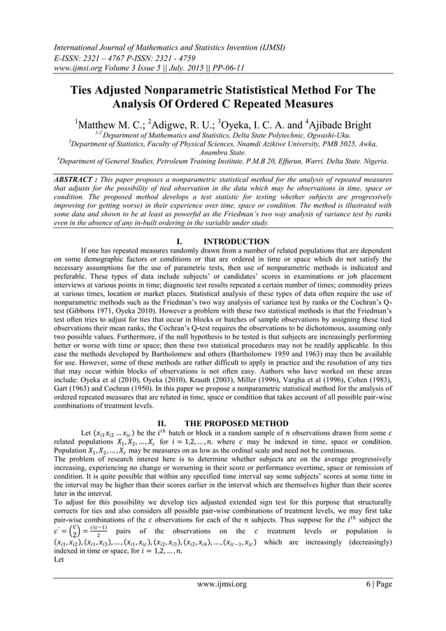 Ties Adjusted Nonparametric Statististical Method For The Analysis Of Ordered C Repeated Mea | PDF