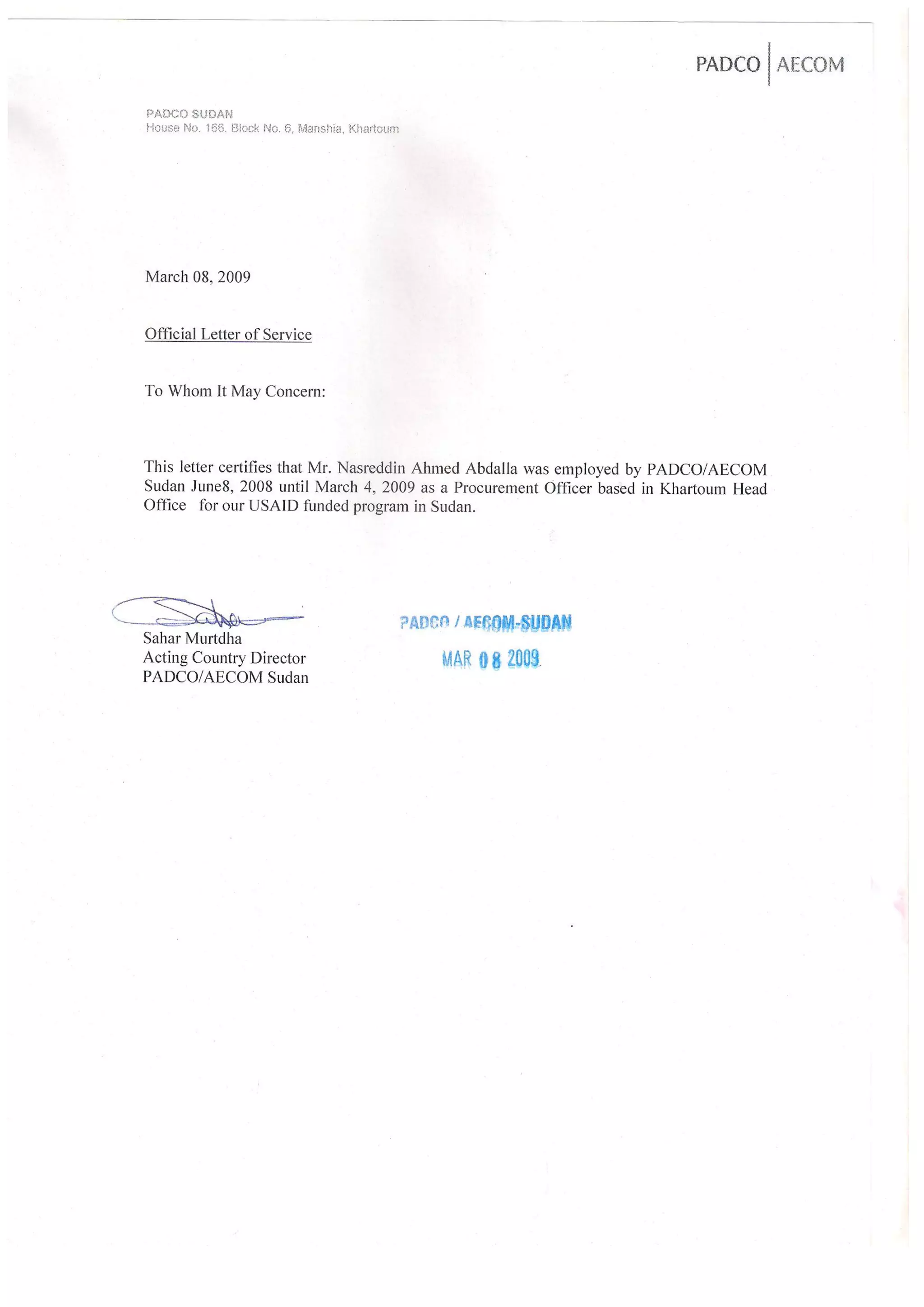Experience Certificate PADCO AECOM | PDF