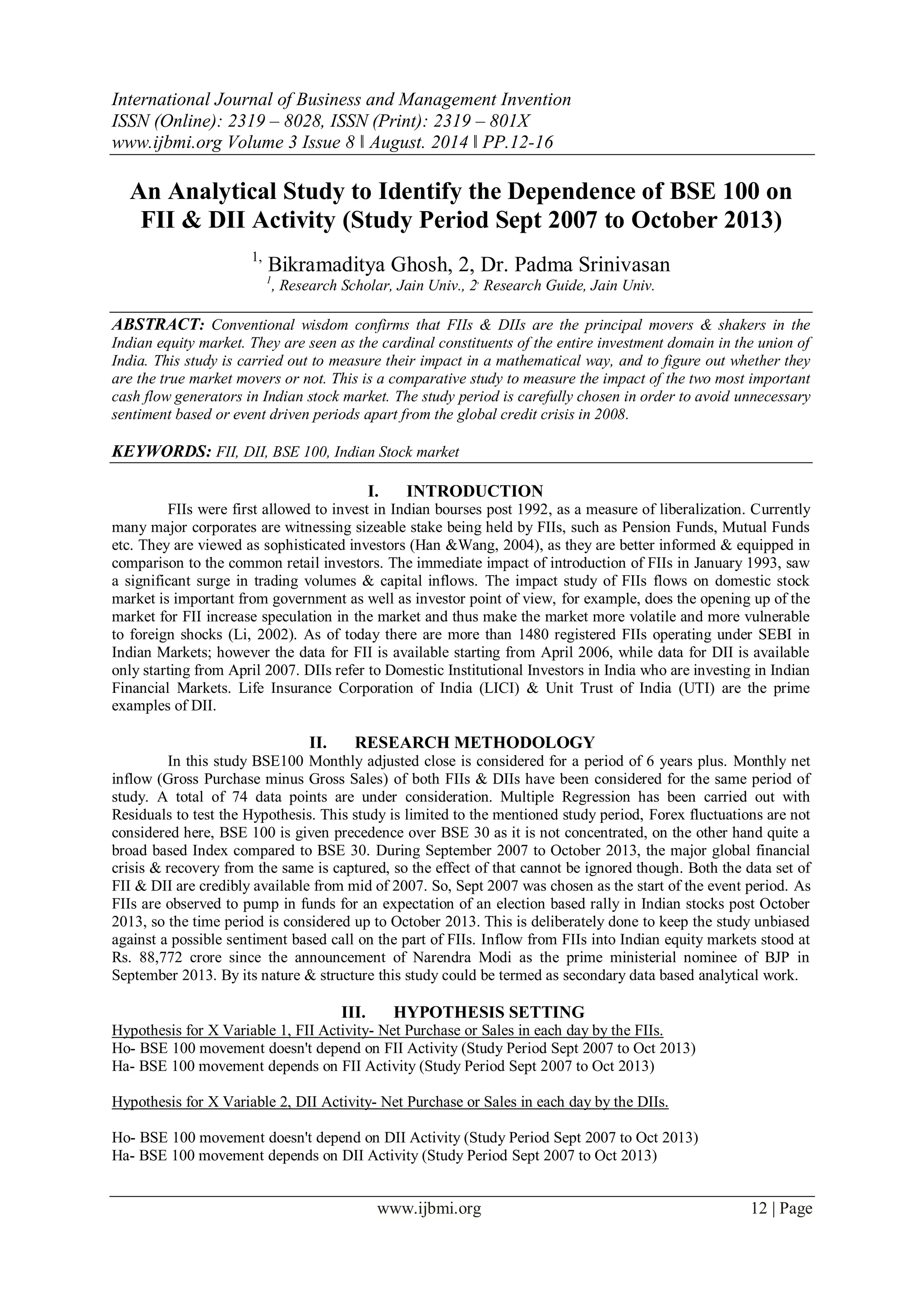 An Analytical Study to Identify the Dependence of BSE 100 on FII & DII ...
