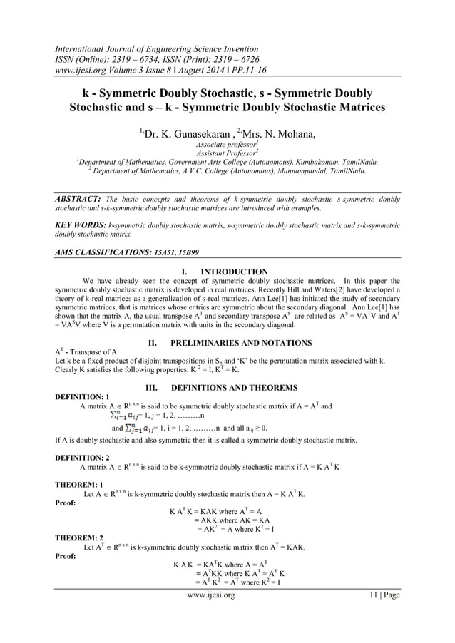 k - Symmetric Doubly Stochastic, s - Symmetric Doubly Stochastic and s - k - Symmetric Doubly ...