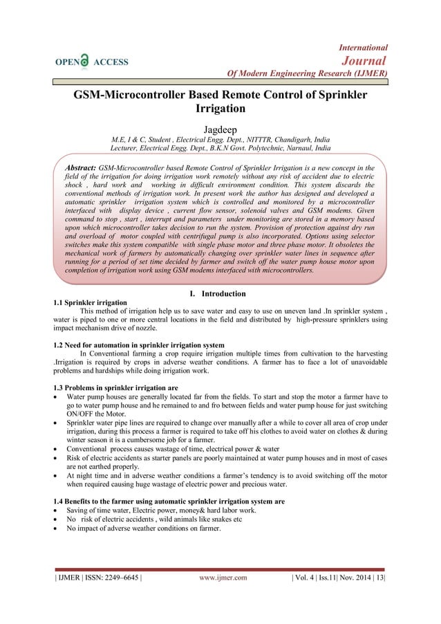 GSM-Microcontroller Based Remote Control of Sprinkler Irrigation | PDF