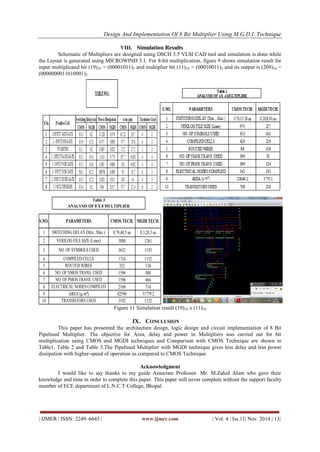Design and Implementation of 8 Bit Multiplier Using M.G.D.I. Technique | PDF