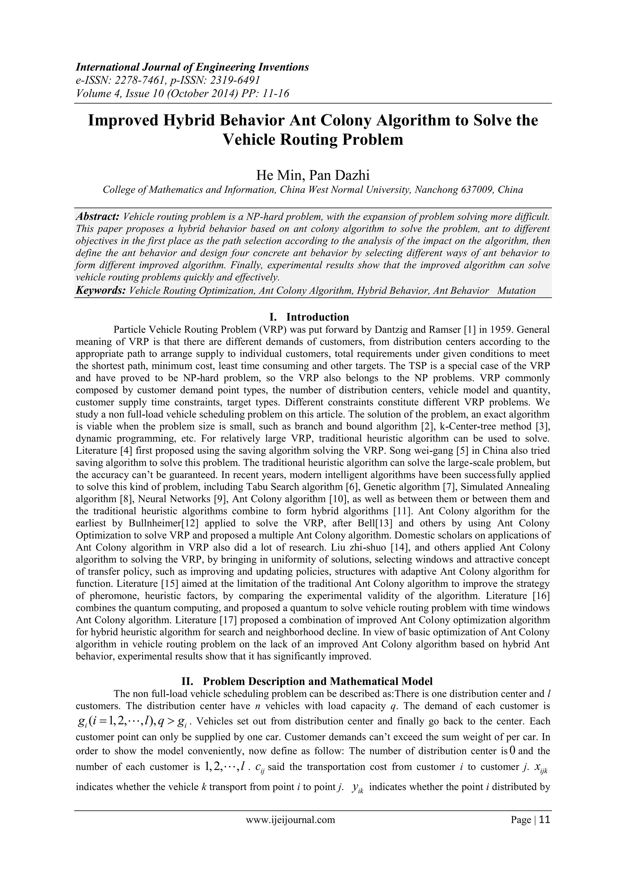 Improved Hybrid Behavior Ant Colony Algorithm to Solve the Vehicle Routing Problem | PDF