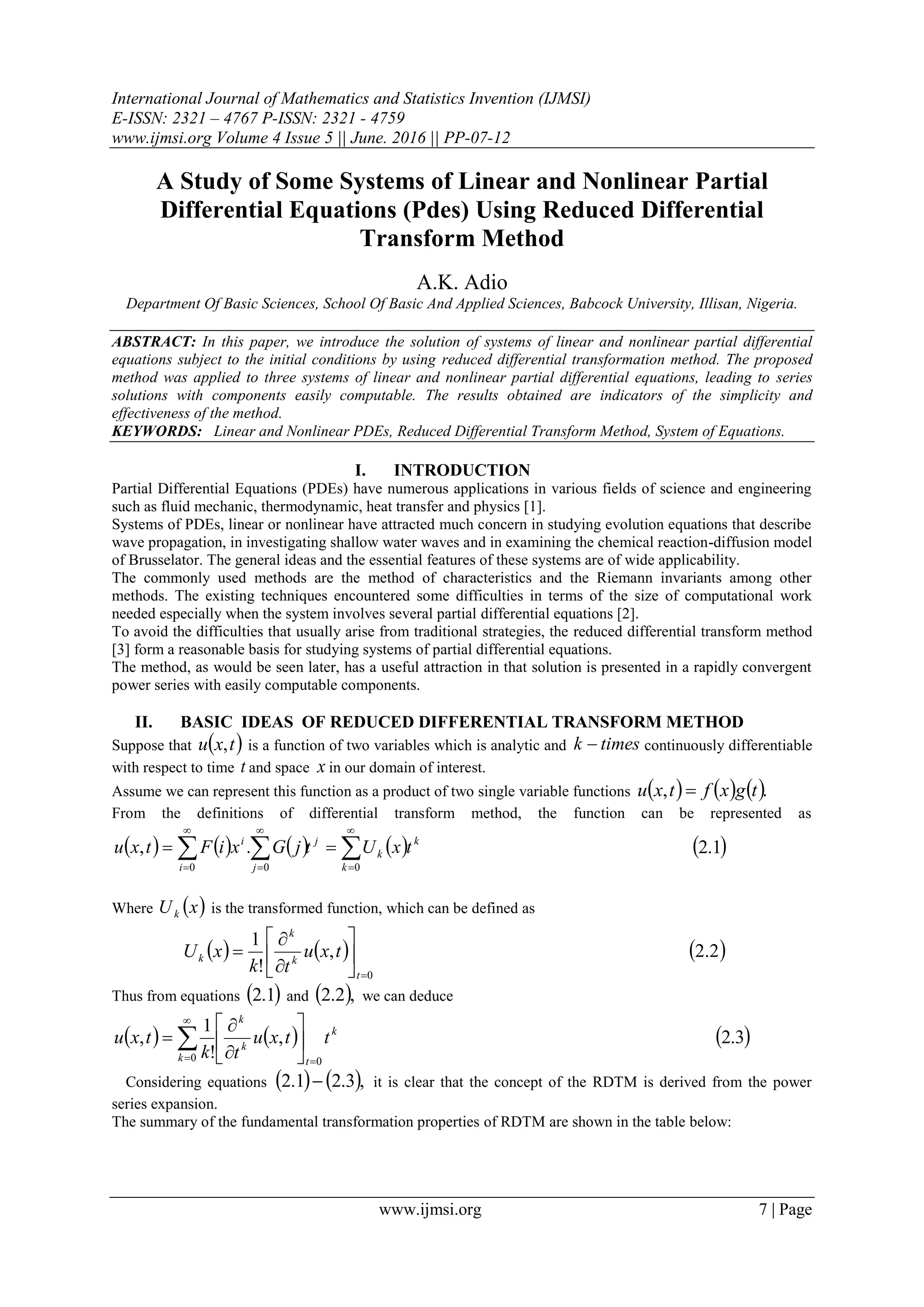 A Study of Some Systems of Linear and Nonlinear Partial Differential Equations (Pdes) Using ...