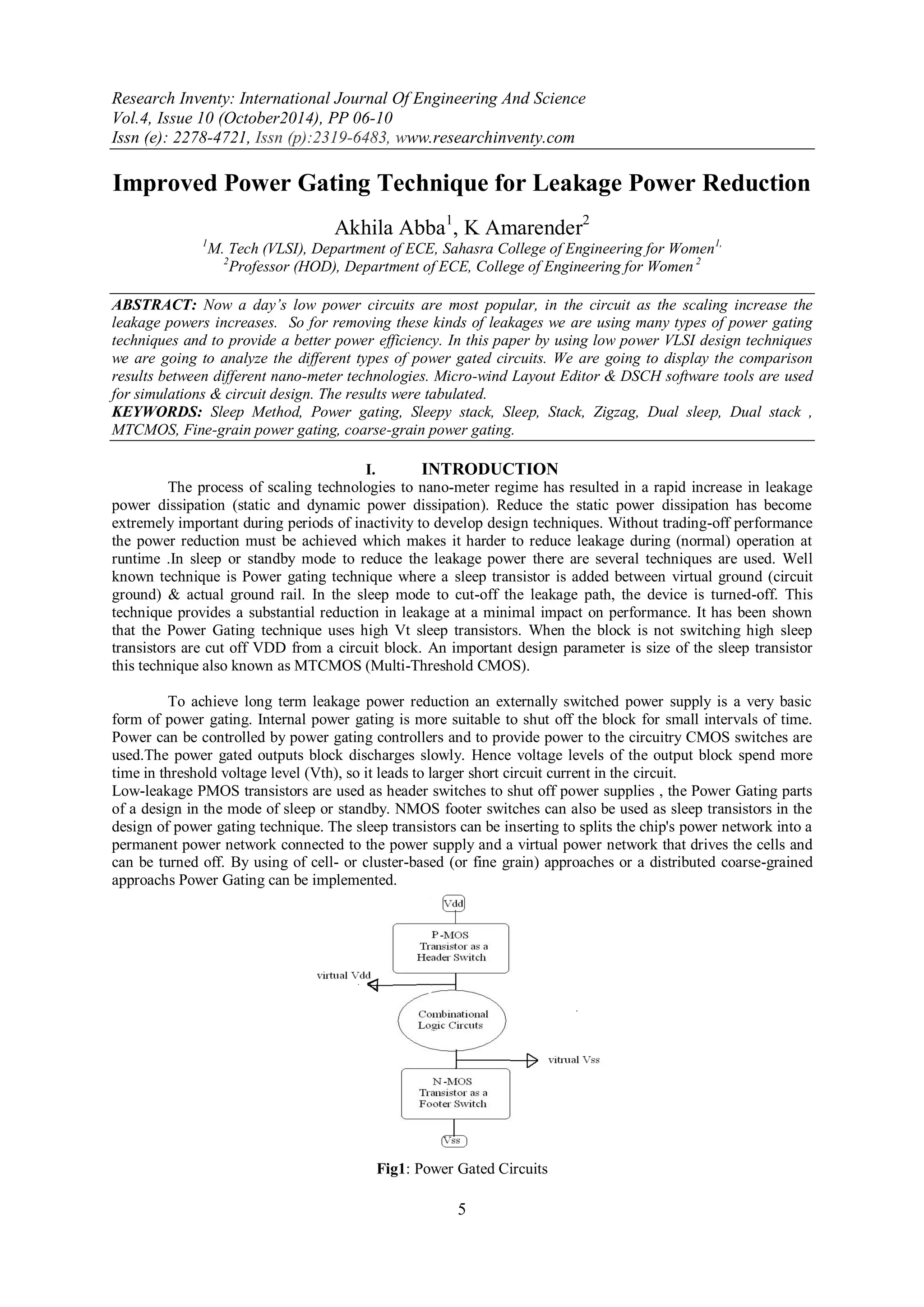 Improved Power Gating Technique for Leakage Power Reduction | PDF