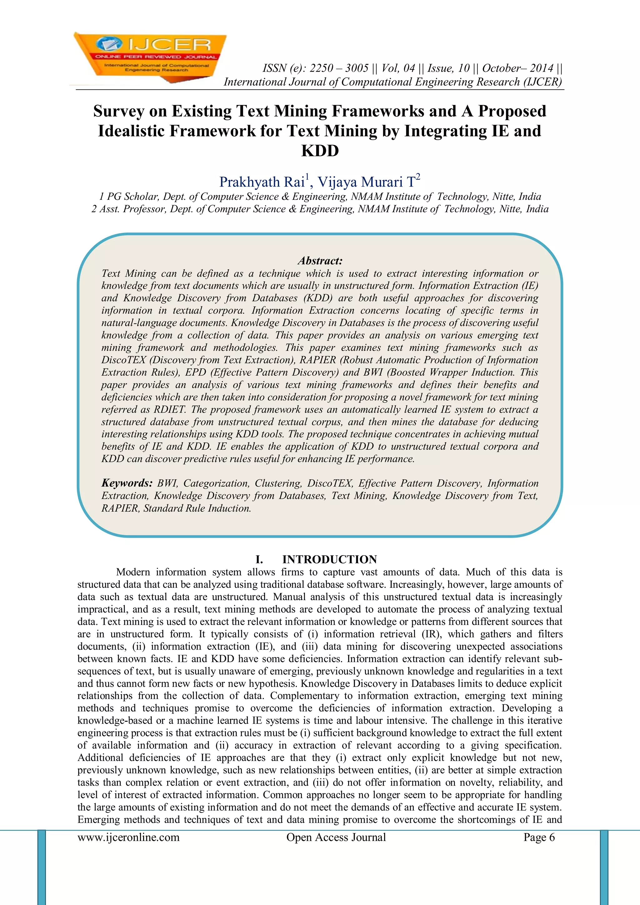 Survey on Existing Text Mining Frameworks and A Proposed Idealistic Framework for Text Mining by ...