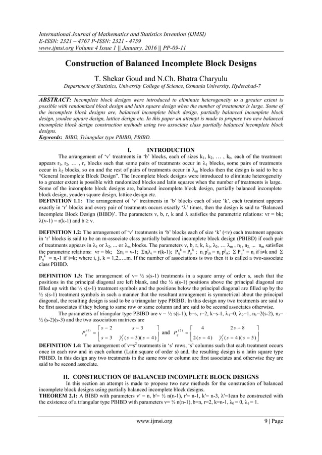 Construction of Balanced Incomplete Block Designs | PDF | Physics | Science