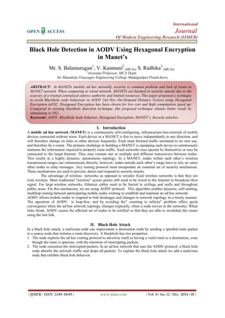 Black Hole Detection in AODV Using Hexagonal Encryption in Manet’s | PDF