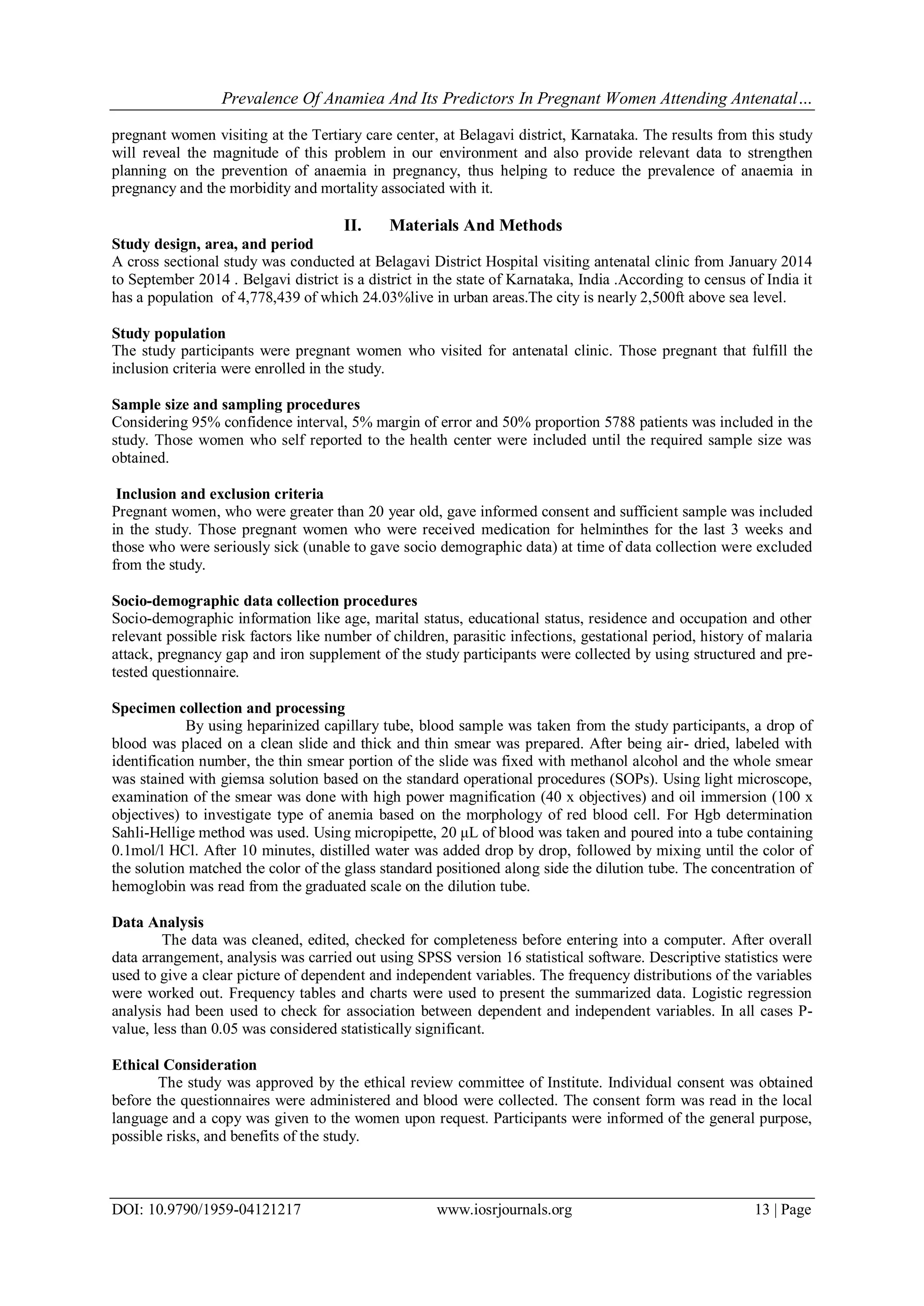 Prevalence of Anamiea and Its Predictors in Pregnant Women Attending ...