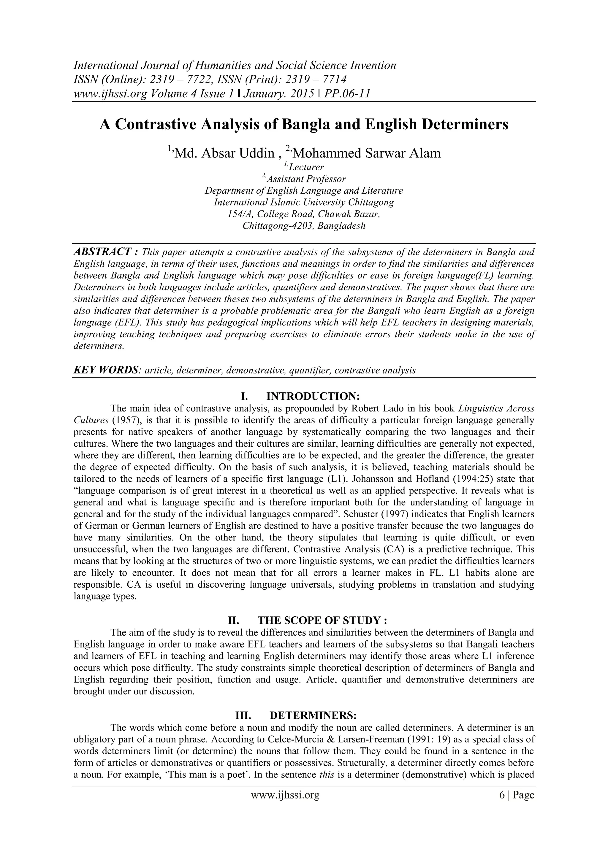 A Contrastive Analysis of Bangla and English Determiners | PDF