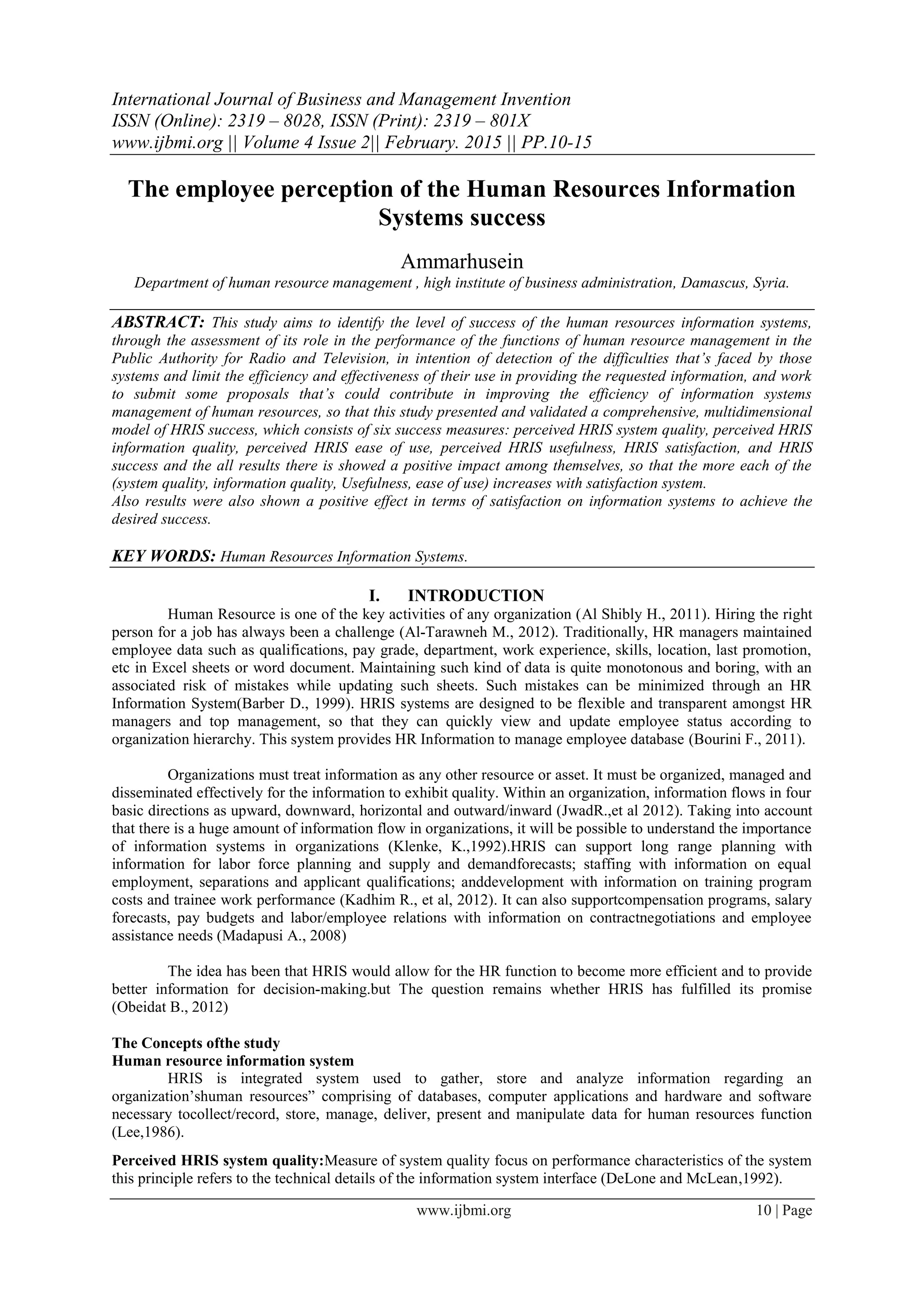 The employee perception of the Human Resources Information Systems ...