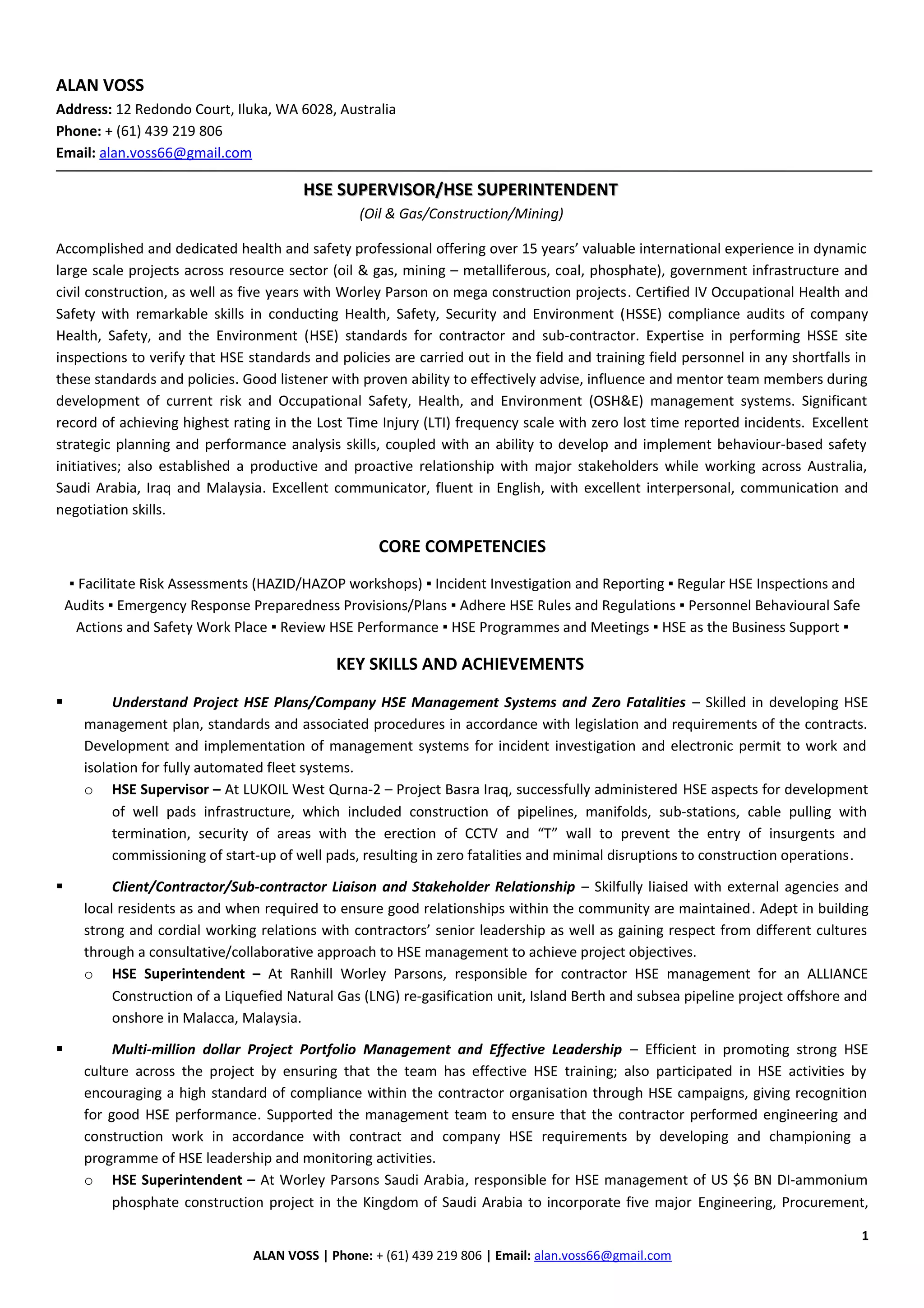 CV - Alan Voss | DOC | Civil Engineering Industry | Industries