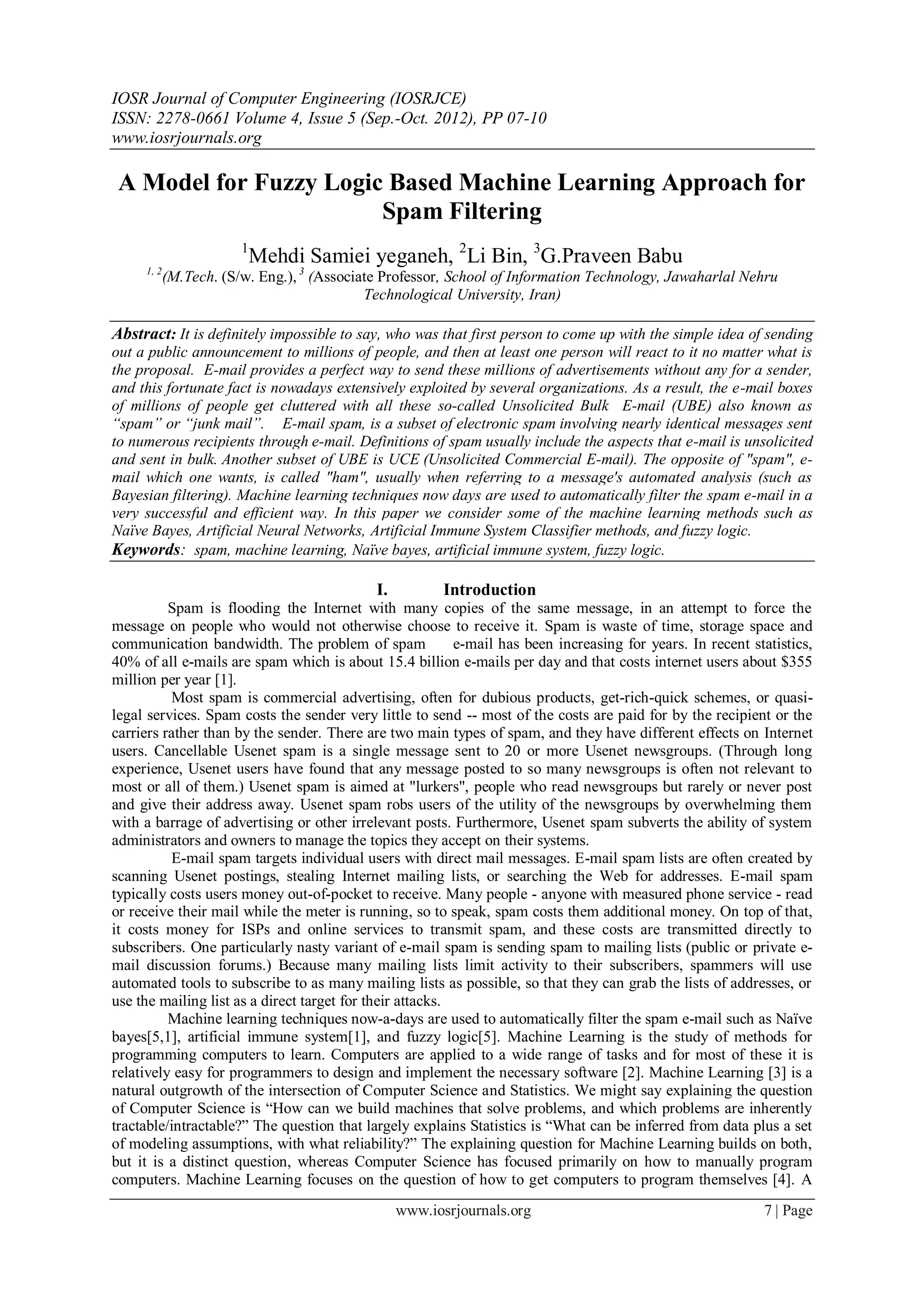 A Model for Fuzzy Logic Based Machine Learning Approach for Spam Filtering | PDF
