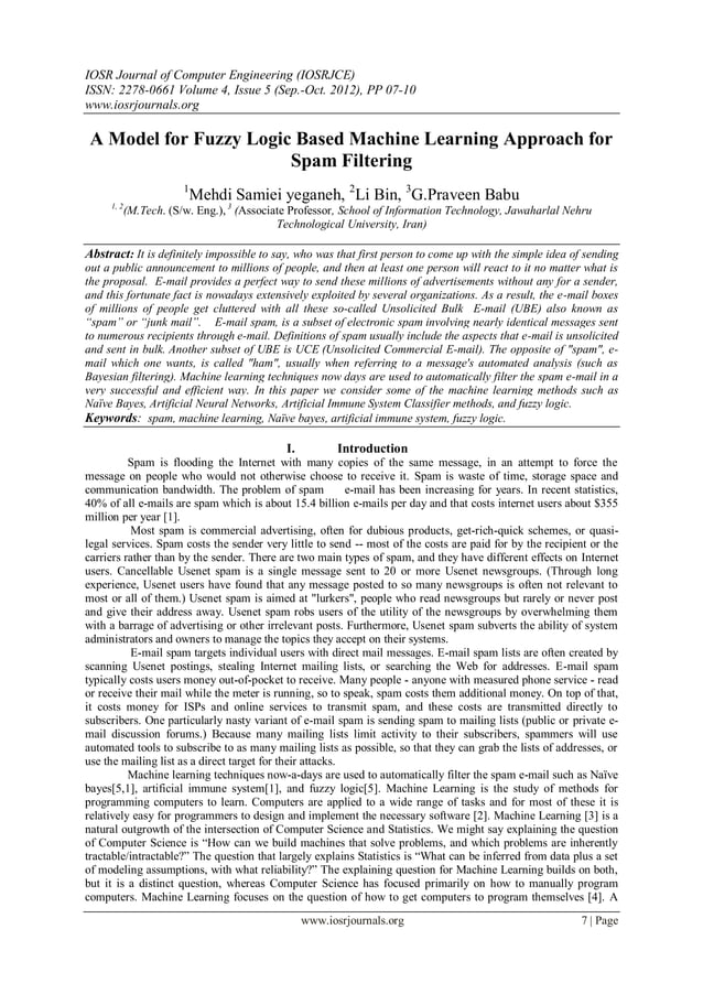 A Model for Fuzzy Logic Based Machine Learning Approach for Spam Filtering | PDF