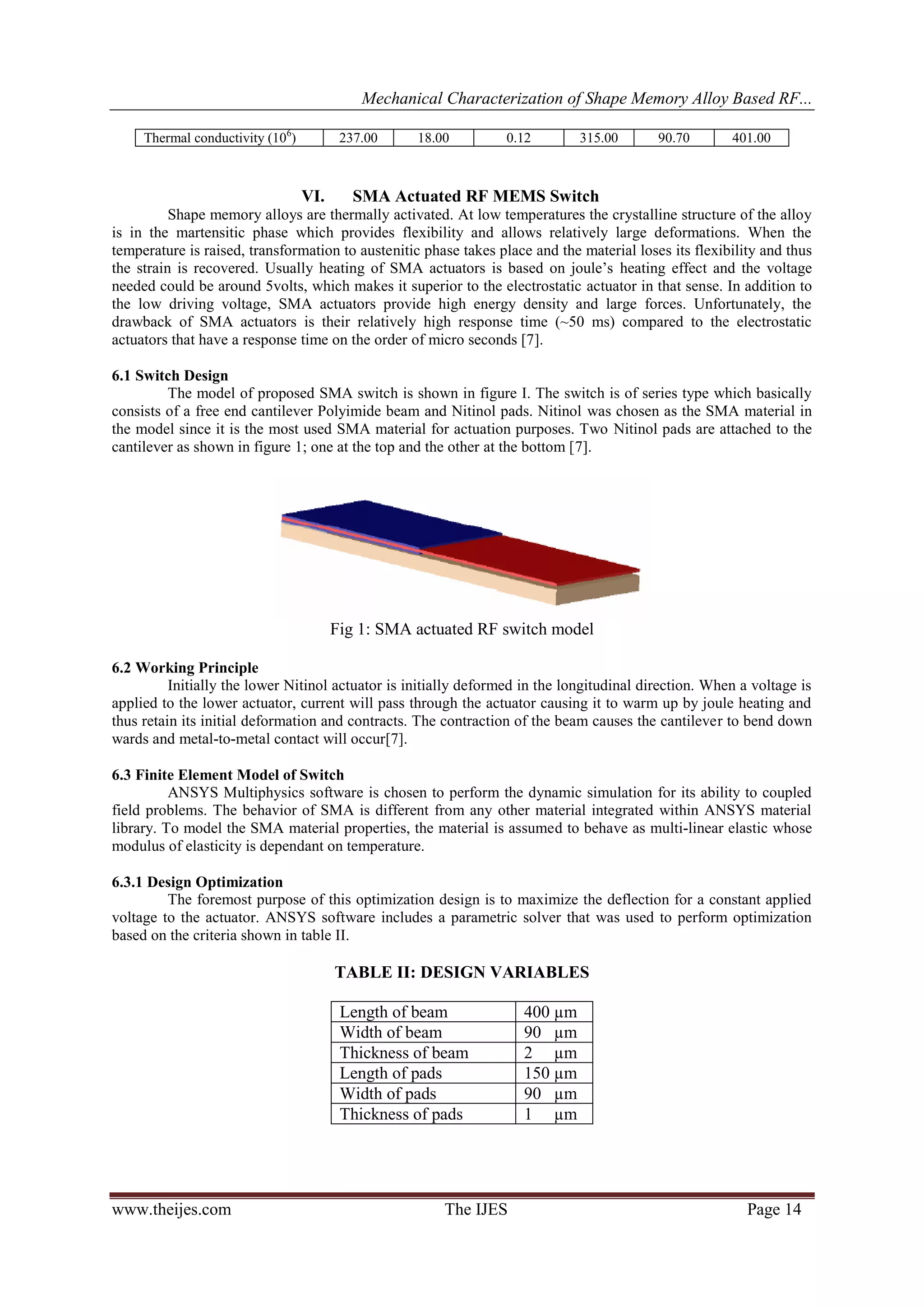 Mechanical Characterization of Shape Memory Alloy Based RF MEMS switch using ANSYS | PDF