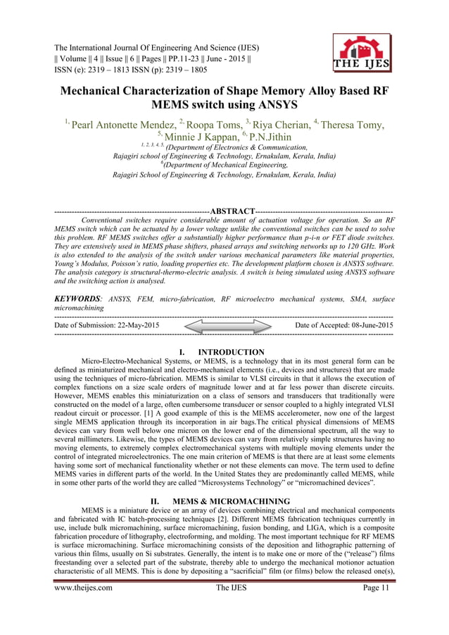 Mechanical Characterization of Shape Memory Alloy Based RF MEMS switch using ANSYS | PDF