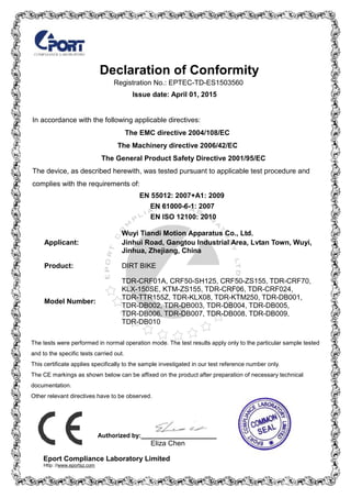 CE Certificate for TDRMOTO Dirt Bike | PDF