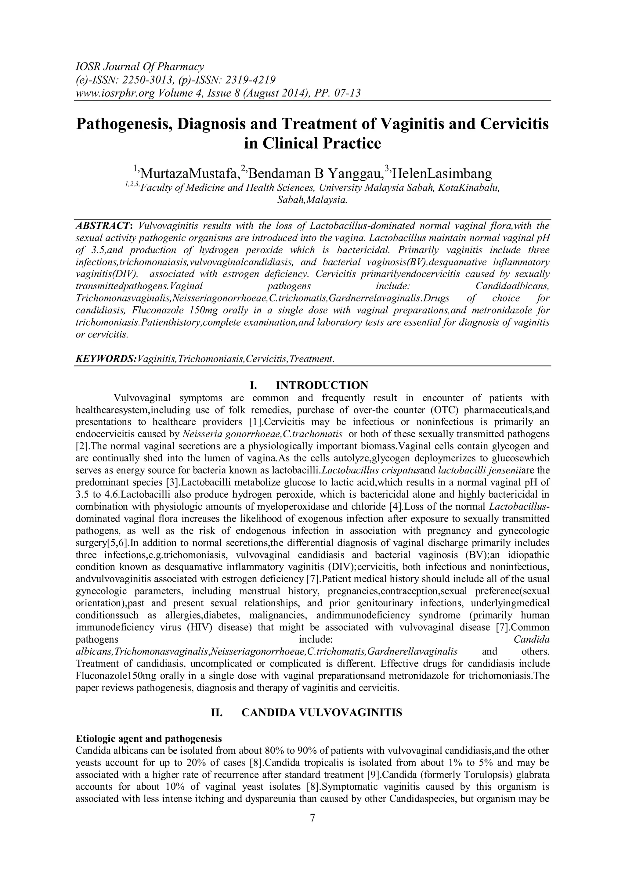 Pathogenesis, Diagnosis and Treatment of Vaginitis and Cervicitis in Clinical Practice | PDF