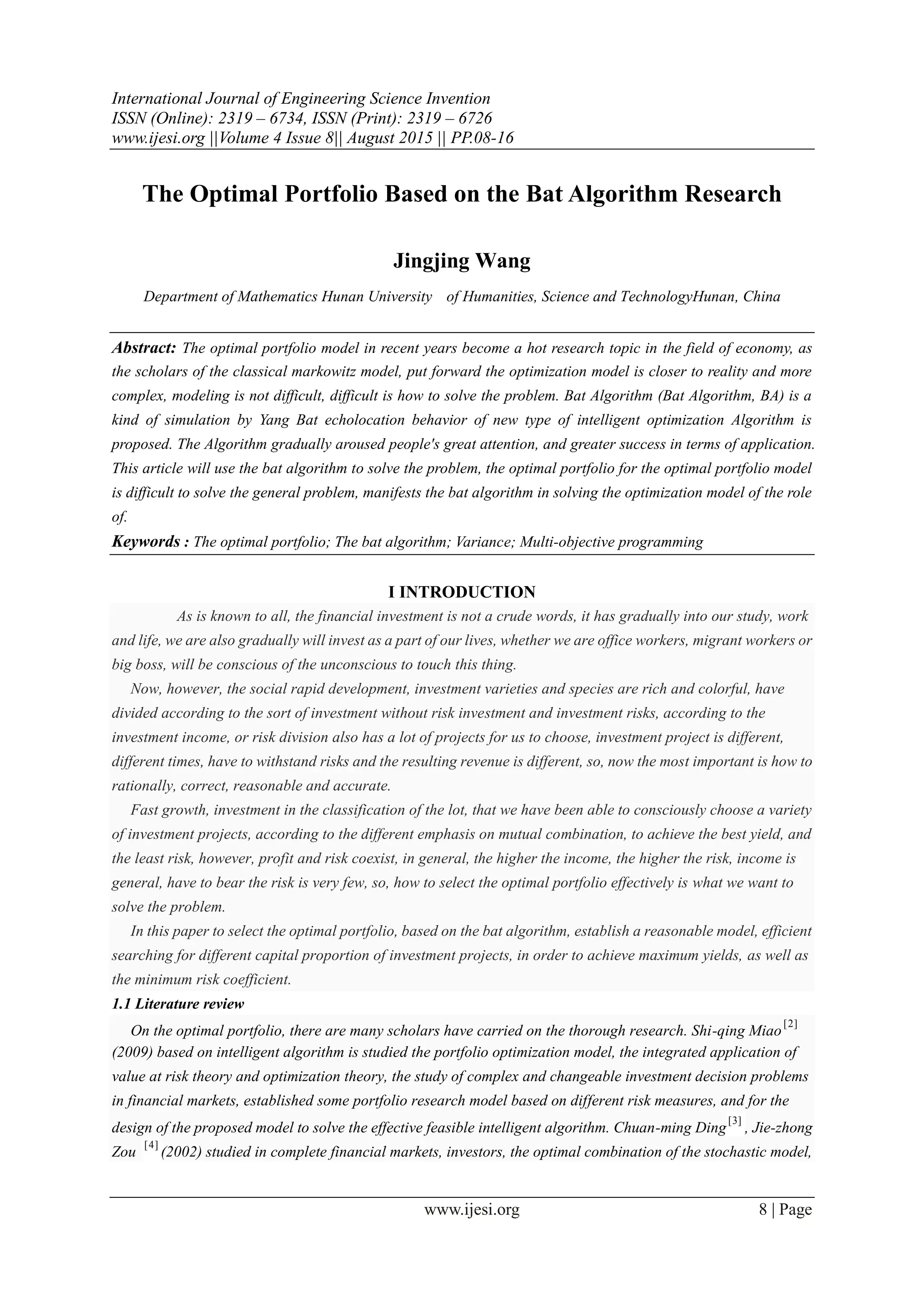 The Optimal Portfolio Based On The Bat Algorithm Research Pdf 1723