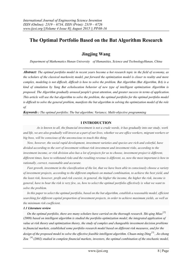 The Optimal Portfolio Based On The Bat Algorithm Research Pdf