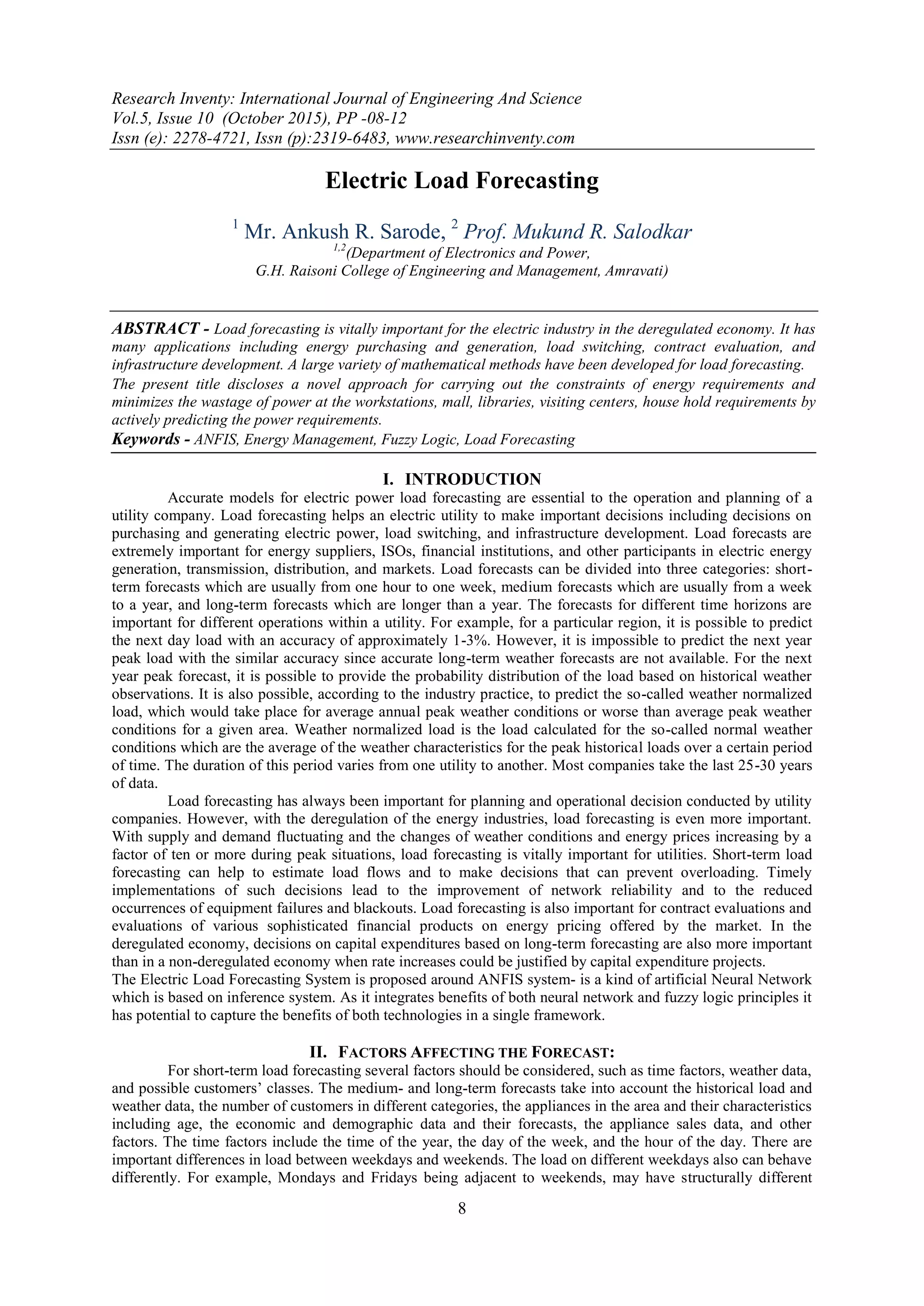 Electric Load Forecasting Pdf