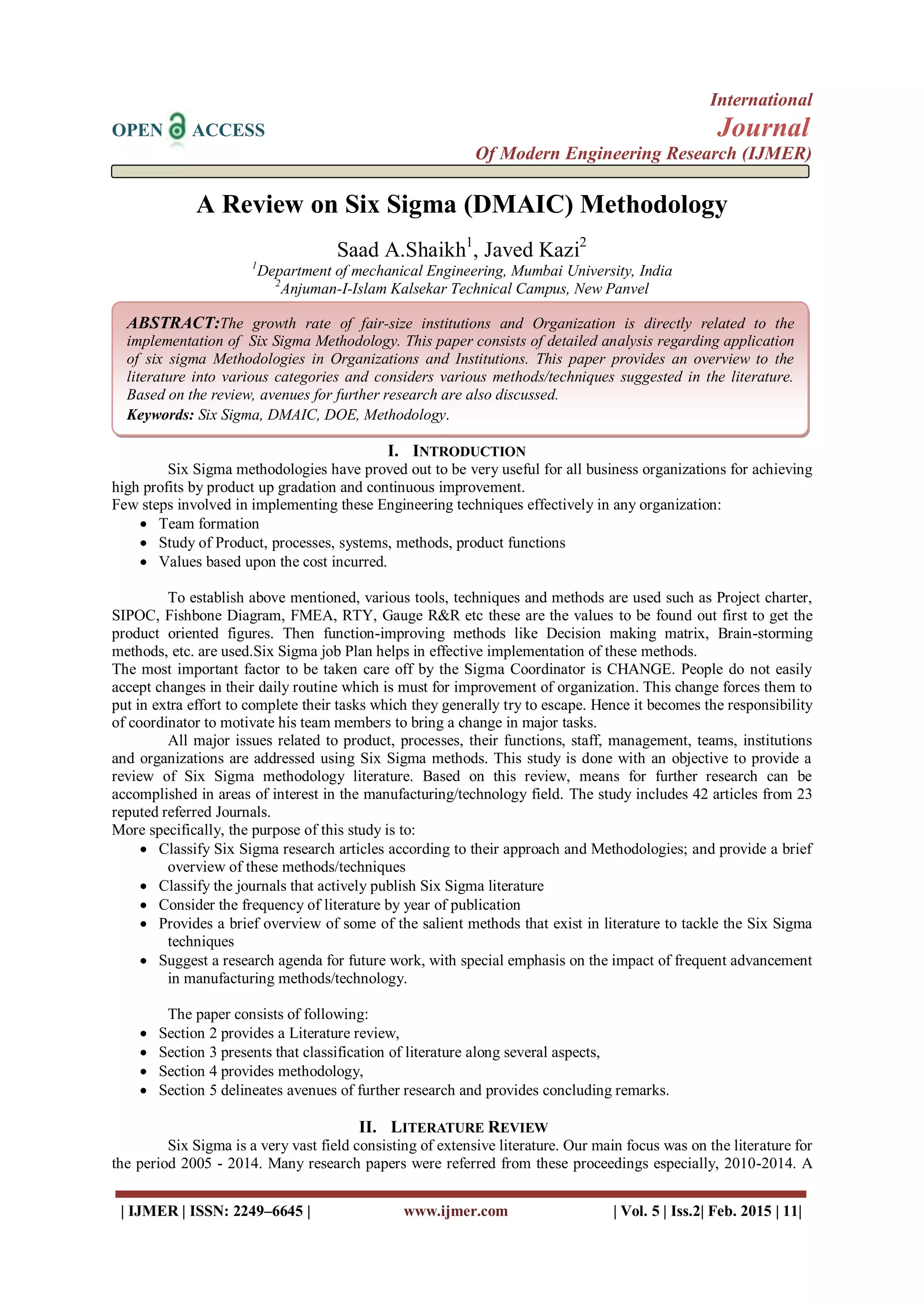 A Review on Six Sigma (DMAIC) Methodology | PDF