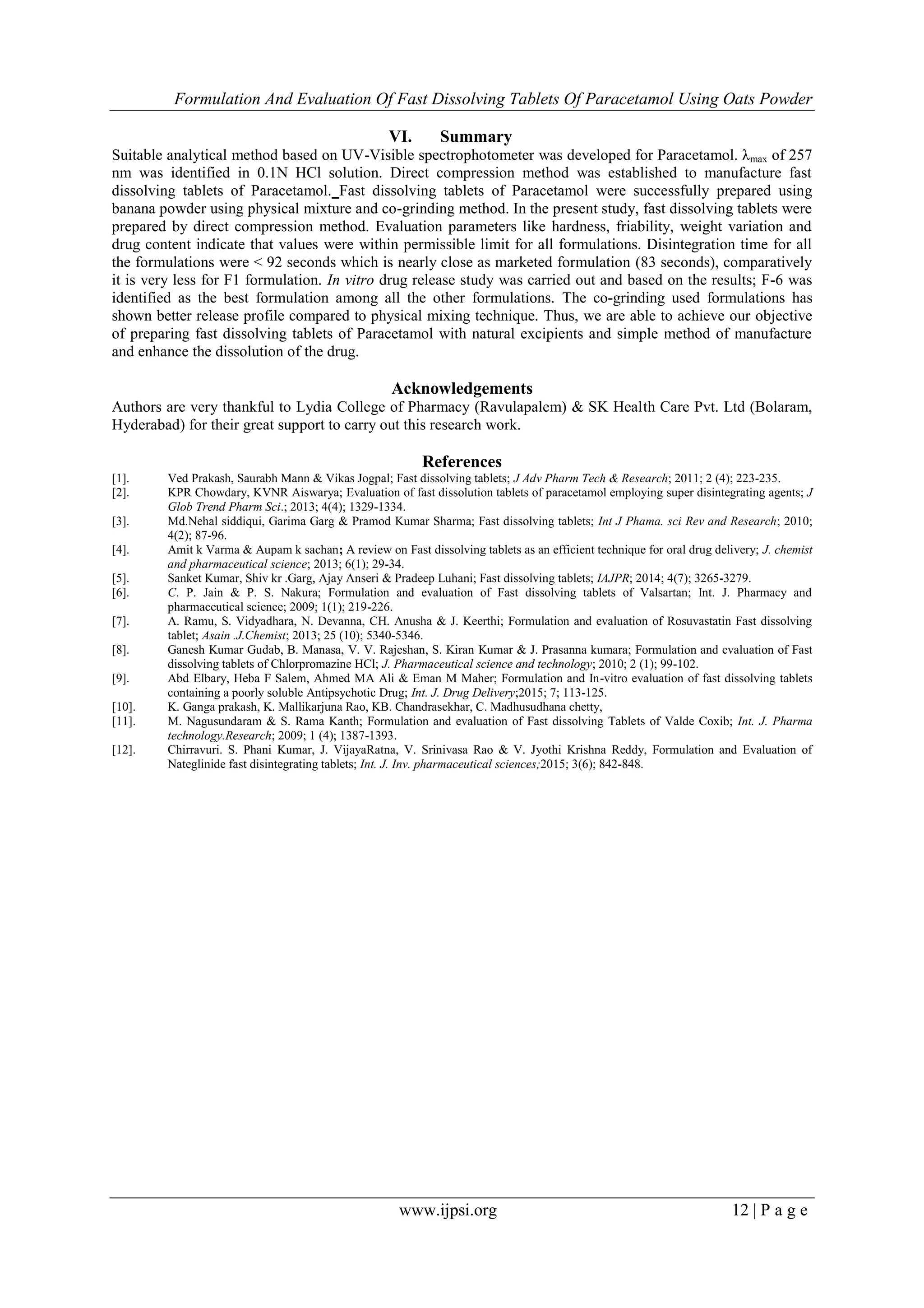 Formulation and Evaluation of Fast Dissolving Tablets of Paracetamol ...
