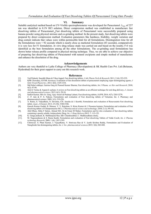 Formulation And Evaluation Of Fast Dissolving Tablets Of Paracetamol Using Oats Powder Pdf