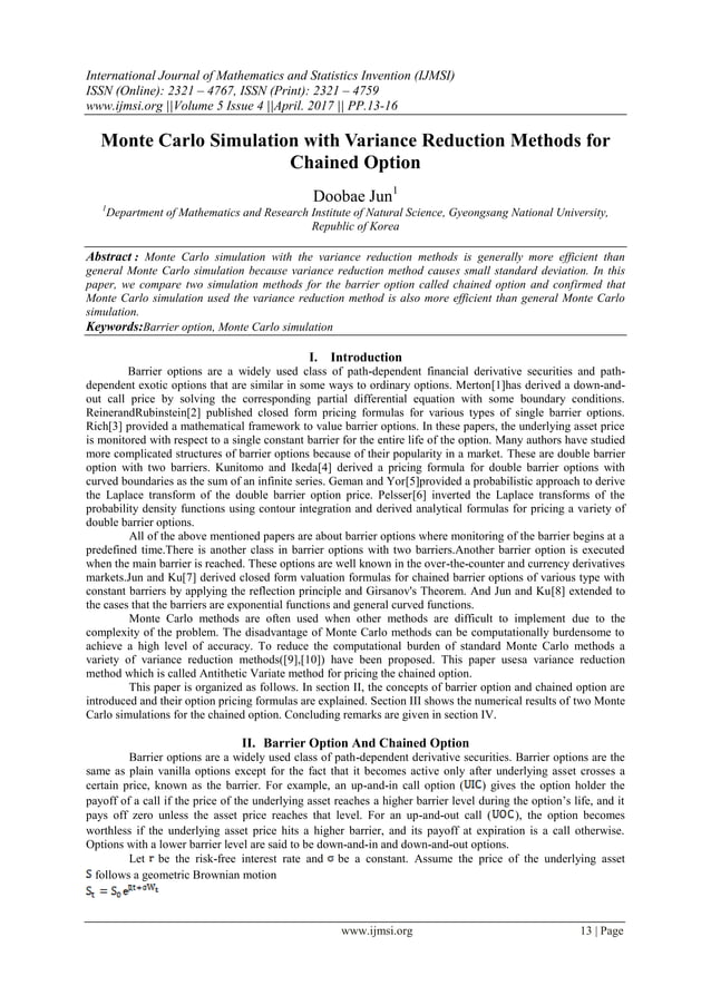 Monte Carlo Simulation With Variance Reduction Methods For Chained Option Pdf