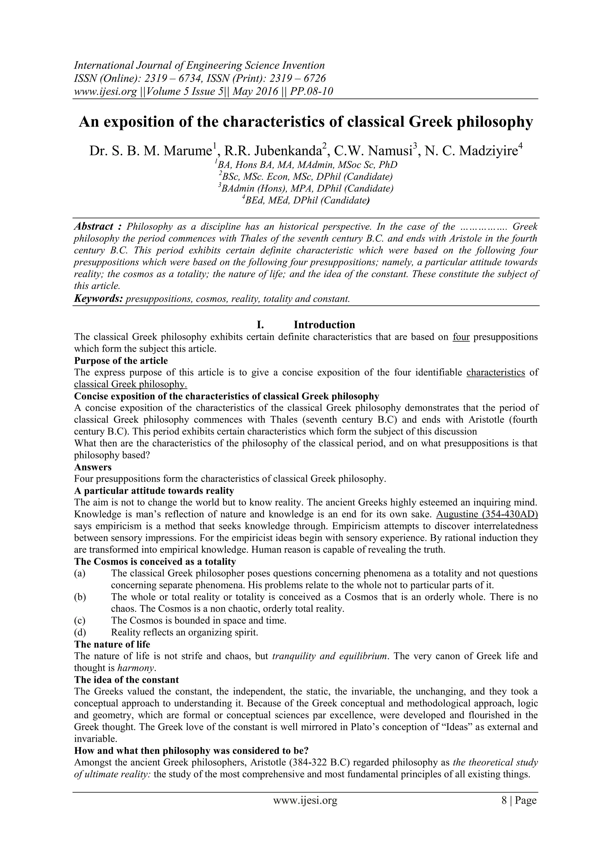 An exposition of the characteristics of classical Greek philosophy | PDF