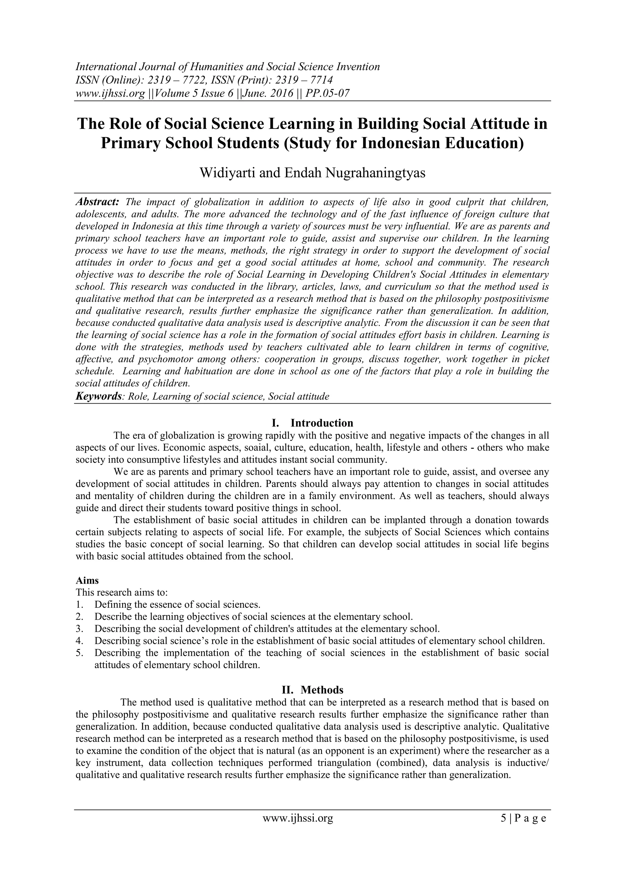 The Role of Social Science Learning in Building Social Attitude in ...