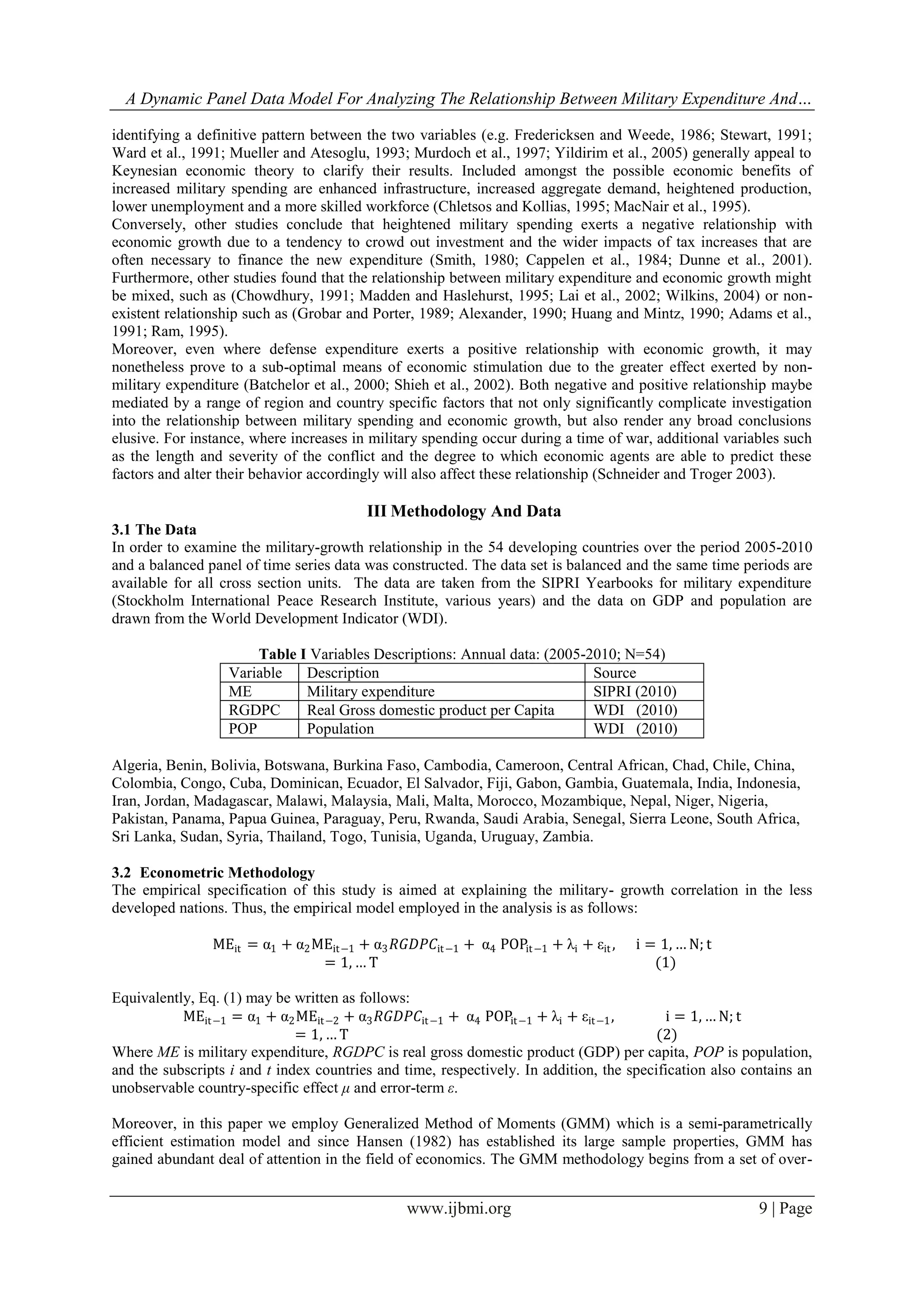 A Dynamic Panel Data Model for Analyzing the Relationship between Military Expenditure and ...