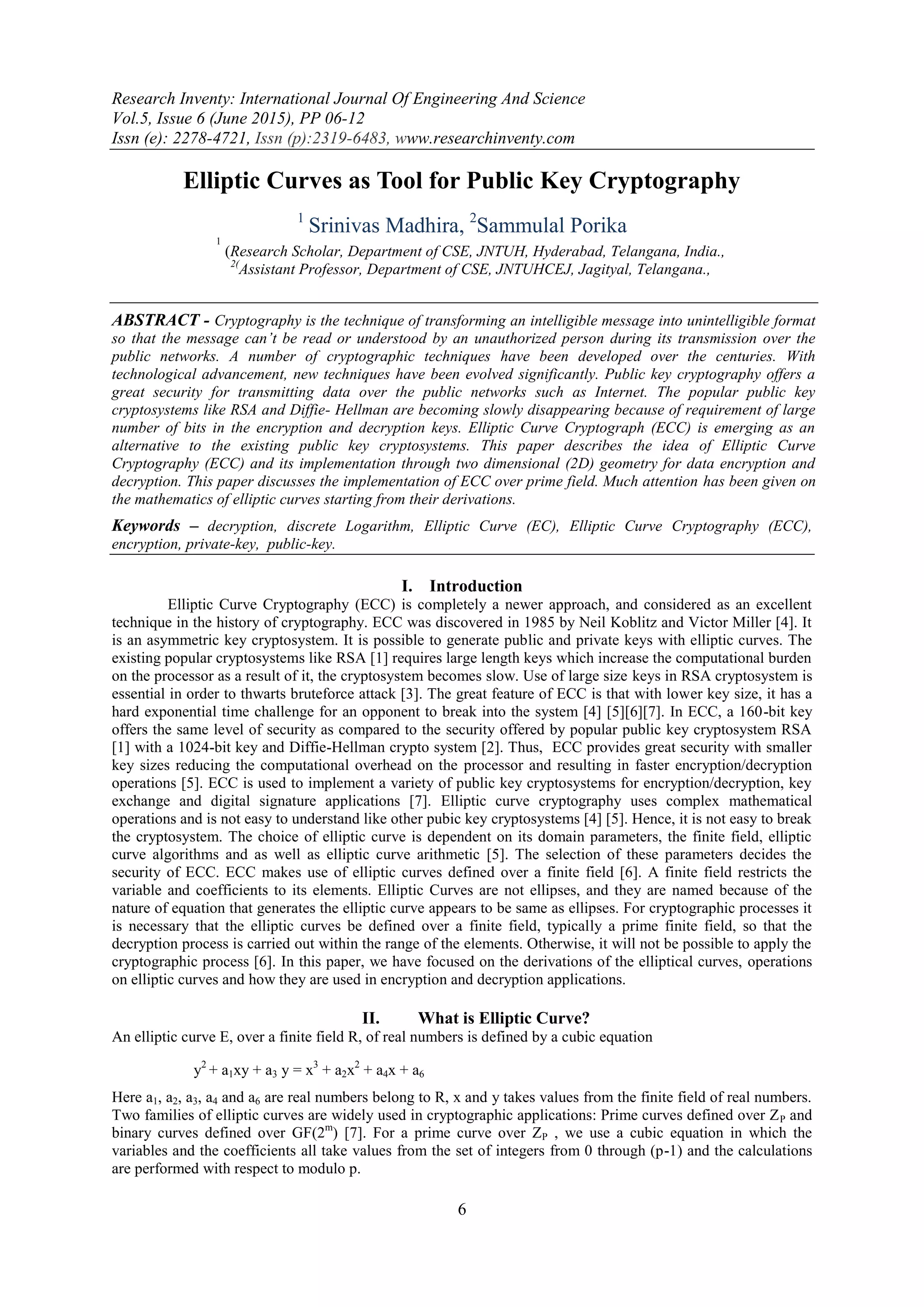 Elliptic Curves as Tool for Public Key Cryptography | PDF