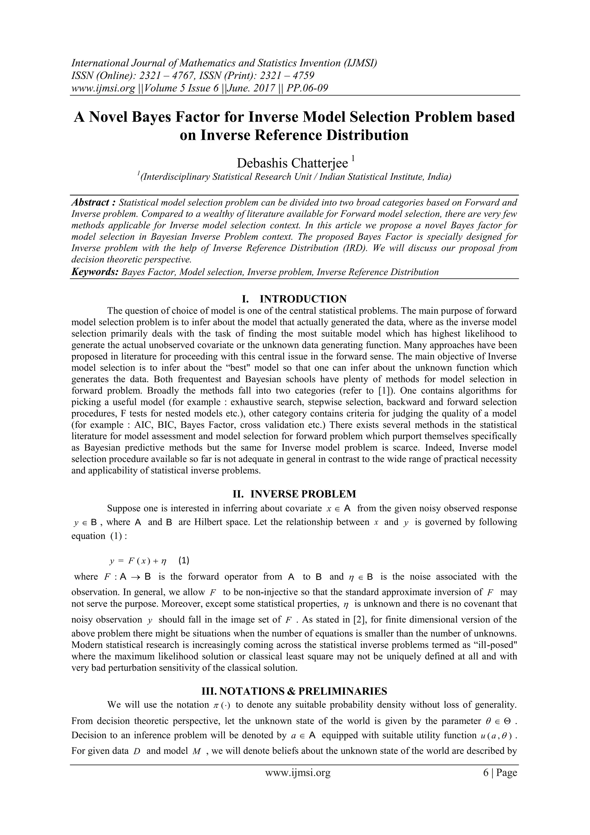 A Novel Bayes Factor For Inverse Model Selection Problem Based On