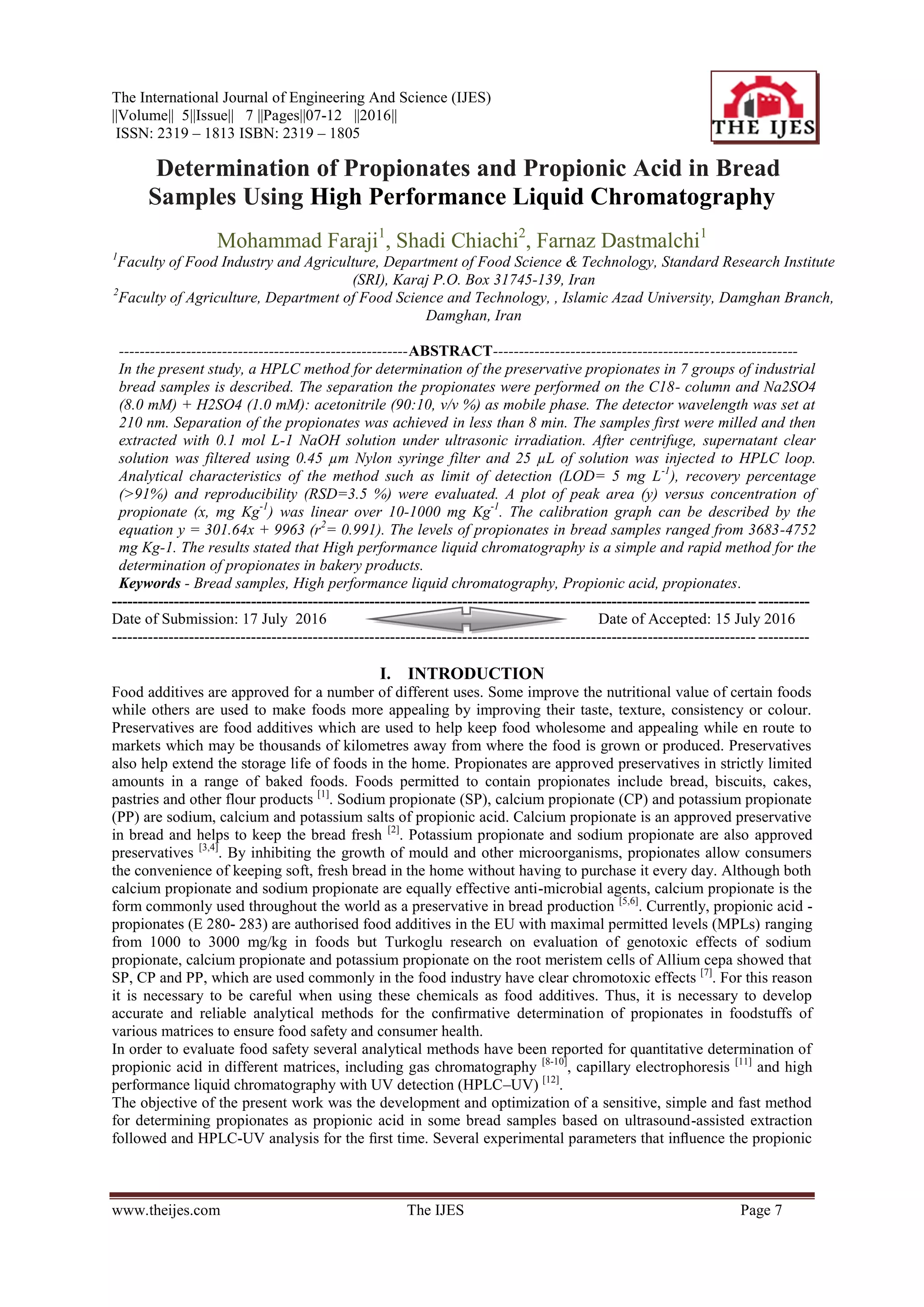 Determination of Propionates and Propionic Acid in Bread Samples Using ...