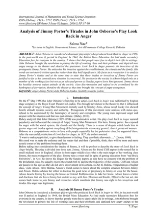 Analysis of Jimmy Porter’s Tirades in John Osborne’s Play Look Back in ...