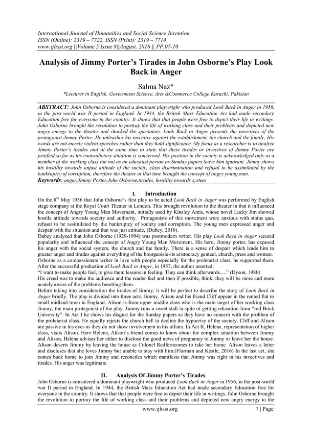 Analysis of Jimmy Porter’s Tirades in John Osborne’s Play Look Back in ...