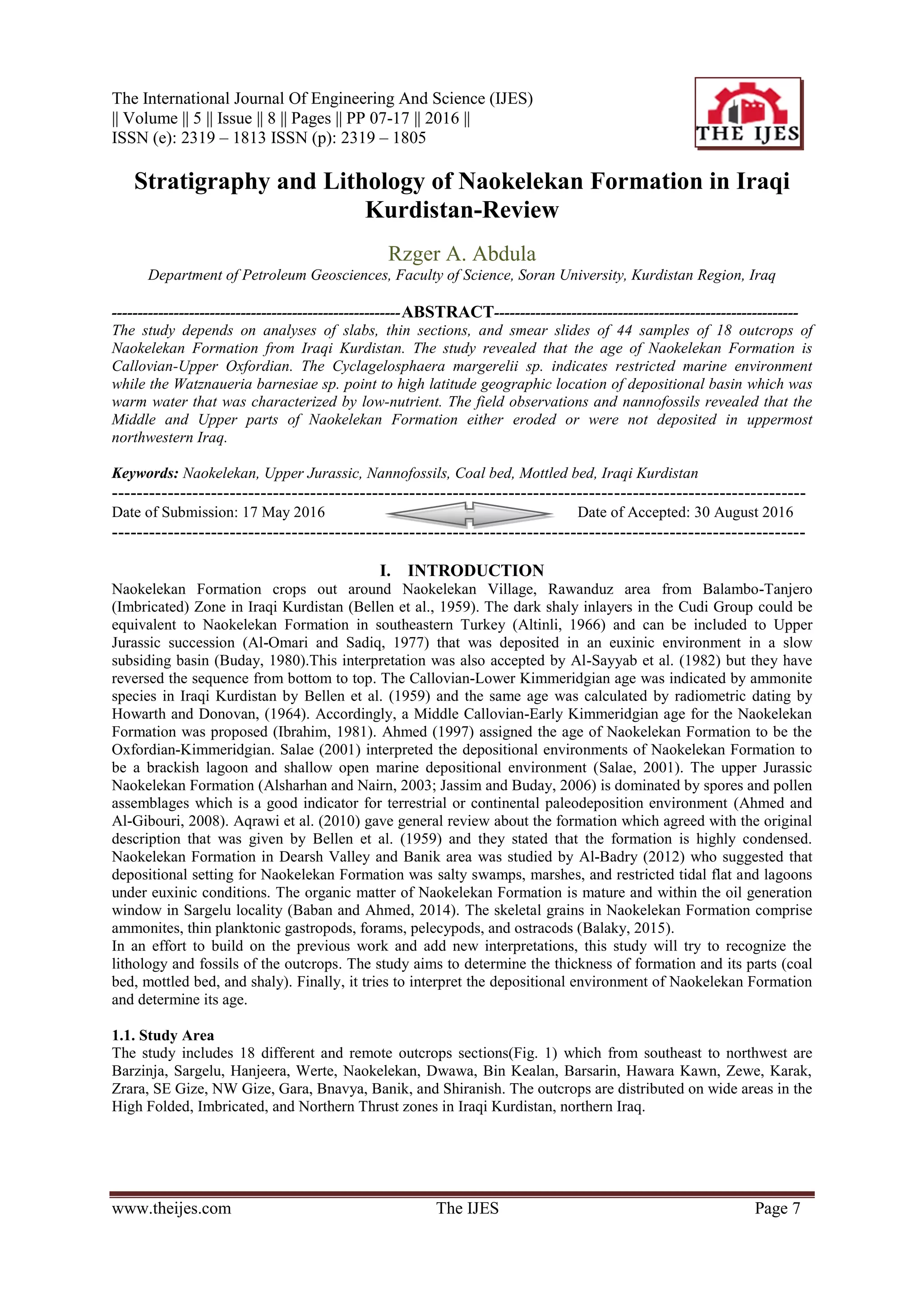 Stratigraphy and Lithology of Naokelekan Formation in Iraqi Kurdistan ...