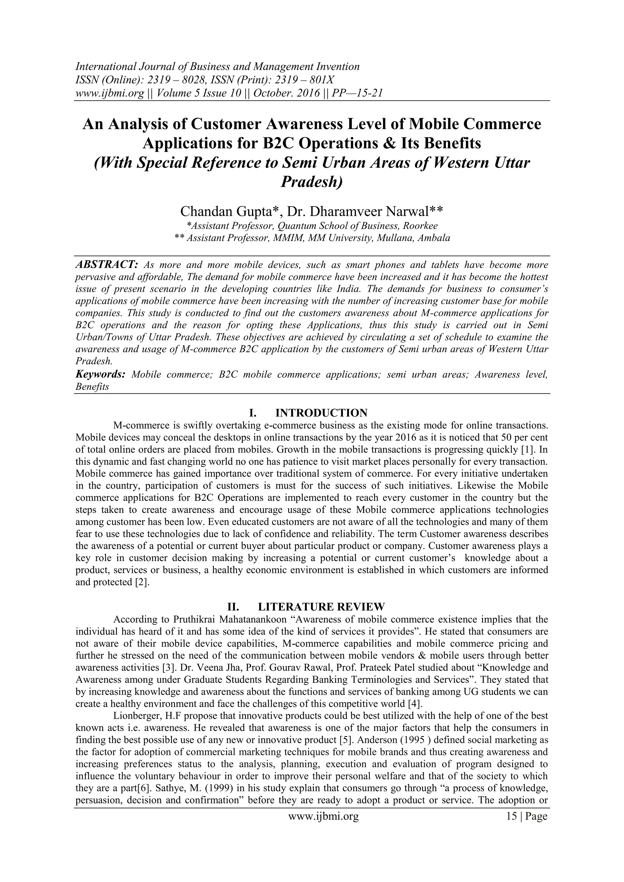 An Analysis of Customer Awareness Level of Mobile Commerce Applications ...