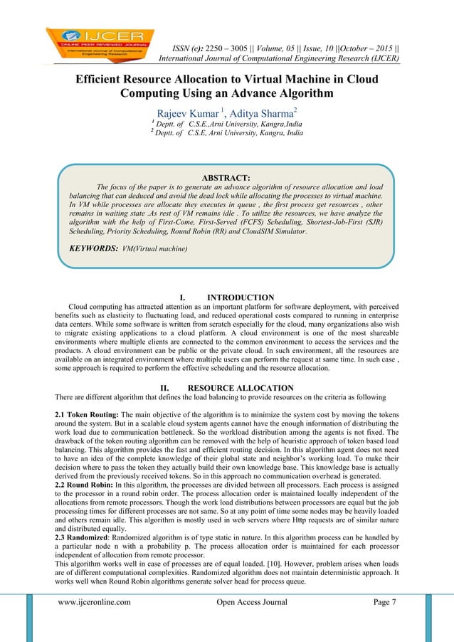 Efficient Resource Allocation To Virtual Machine In Cloud Computing Using An Advance Algorithm Pdf