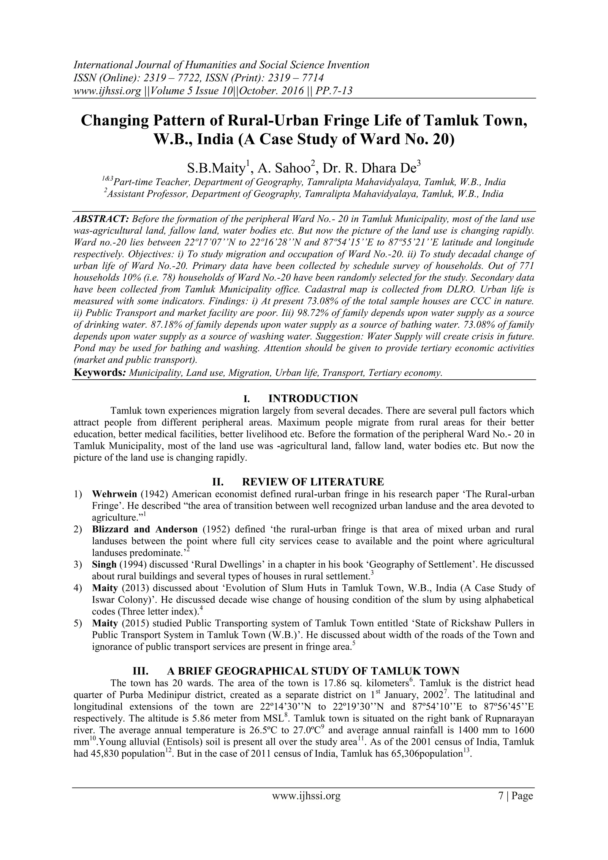 Changing Pattern of Rural-Urban Fringe Life of Tamluk Town, W.B., India ...