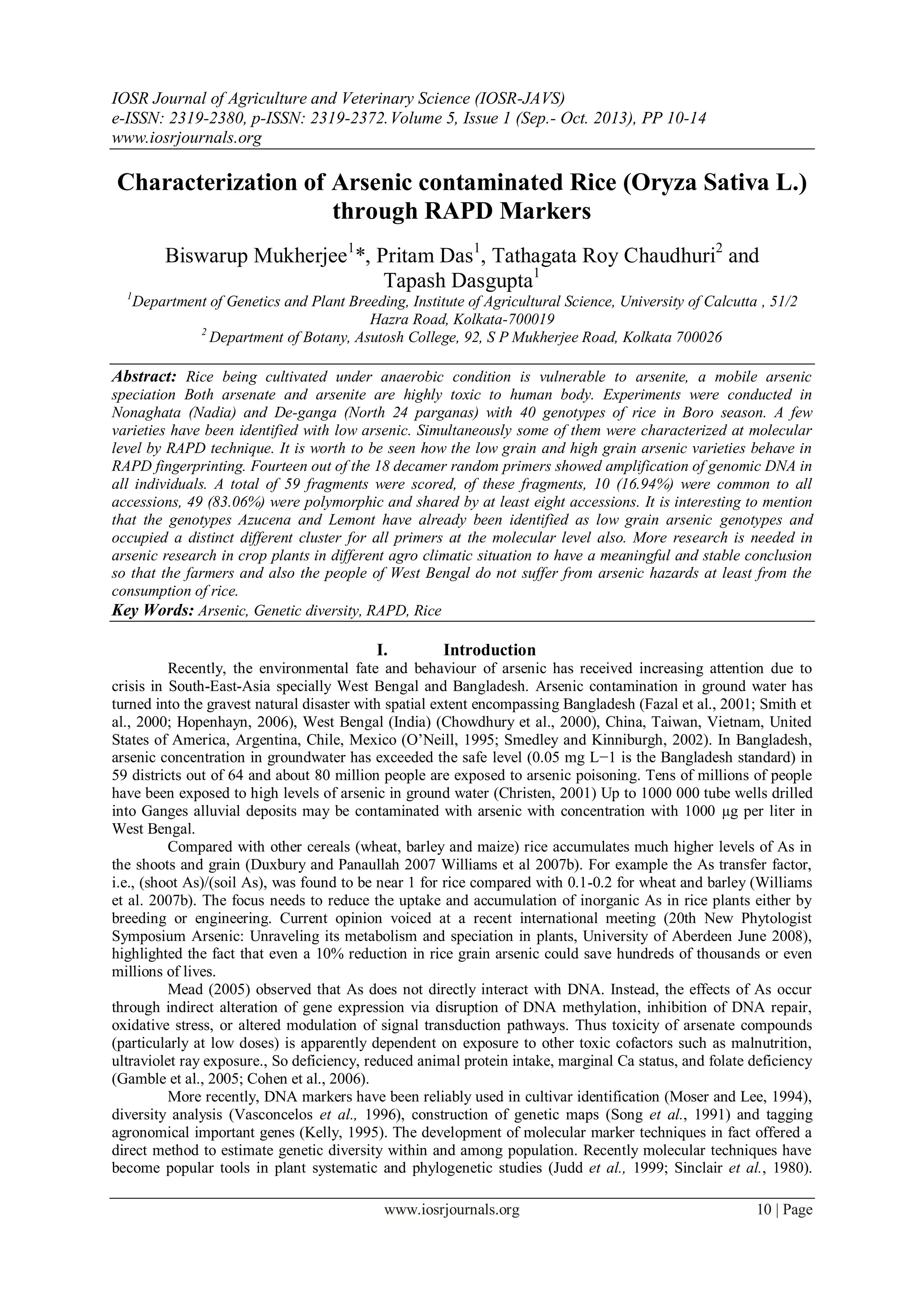 Characterization of Arsenic contaminated Rice (Oryza Sativa L.) through ...