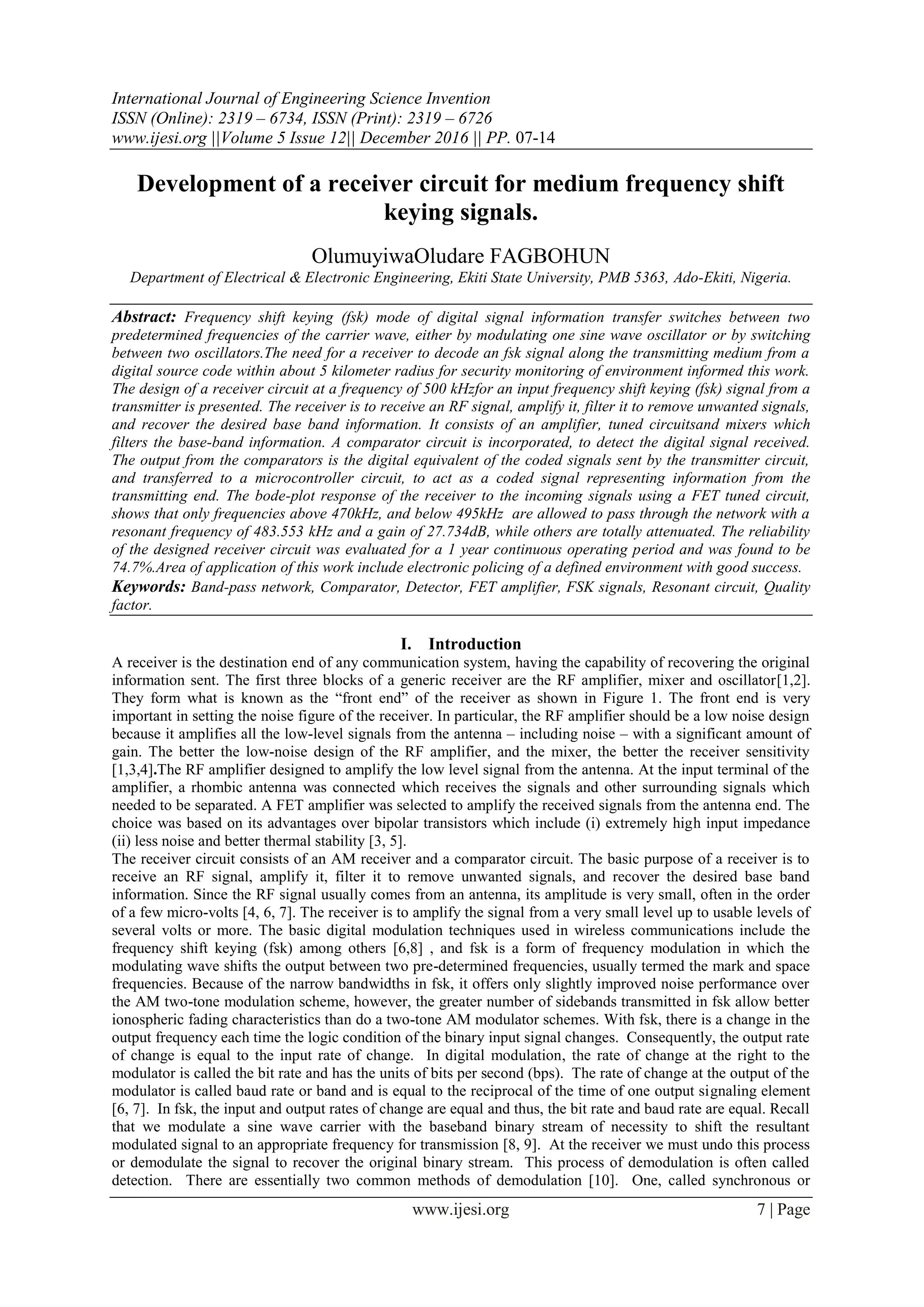 Development of a receiver circuit for medium frequency shift keying ...