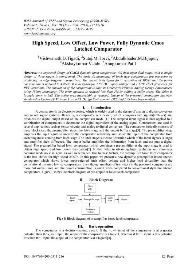 High Speed, Low Offset, Low Power, Fully Dynamic Cmos Latched Comparator | PDF