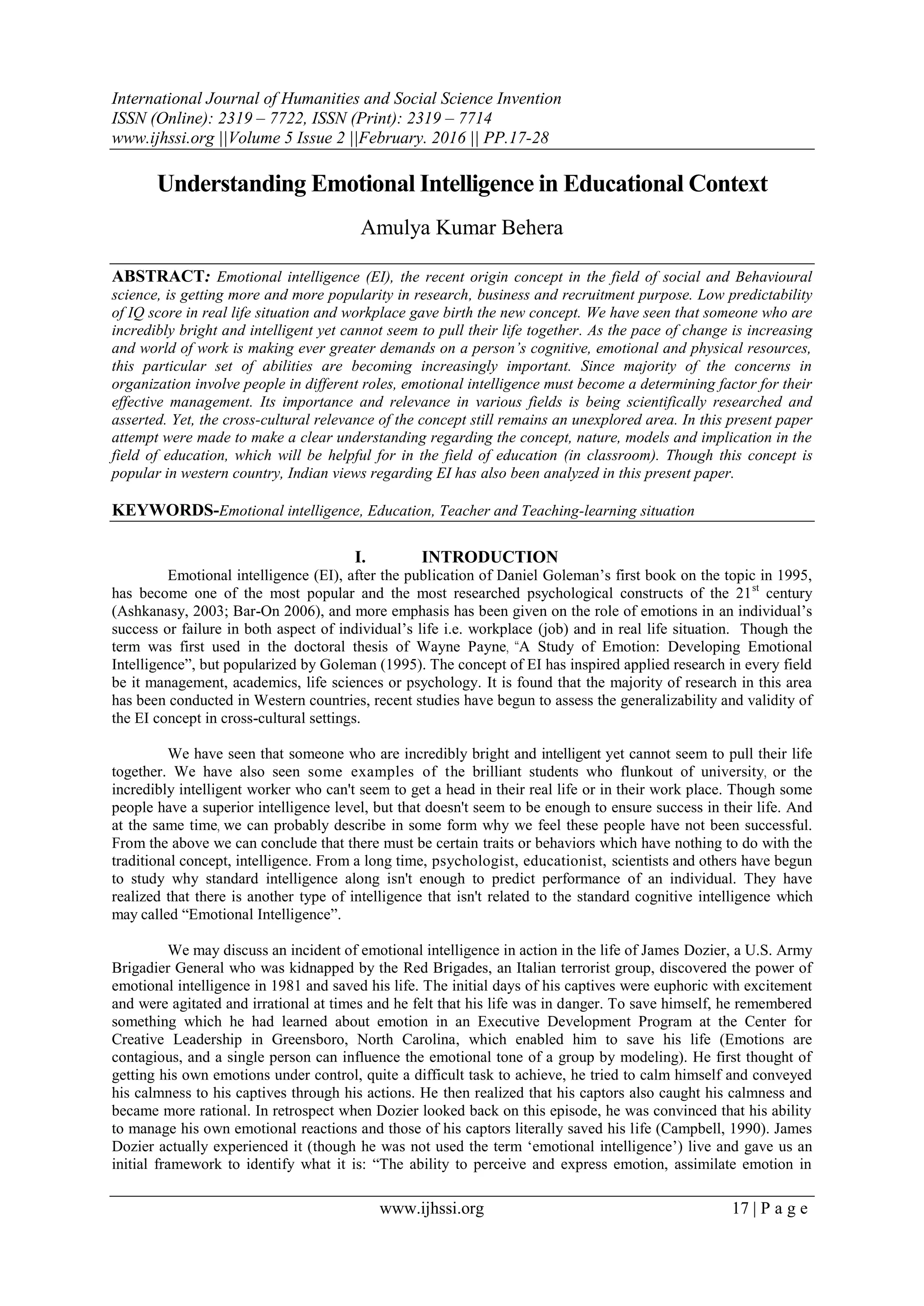 Understanding EmotionalIntelligence in Educational Context | PDF