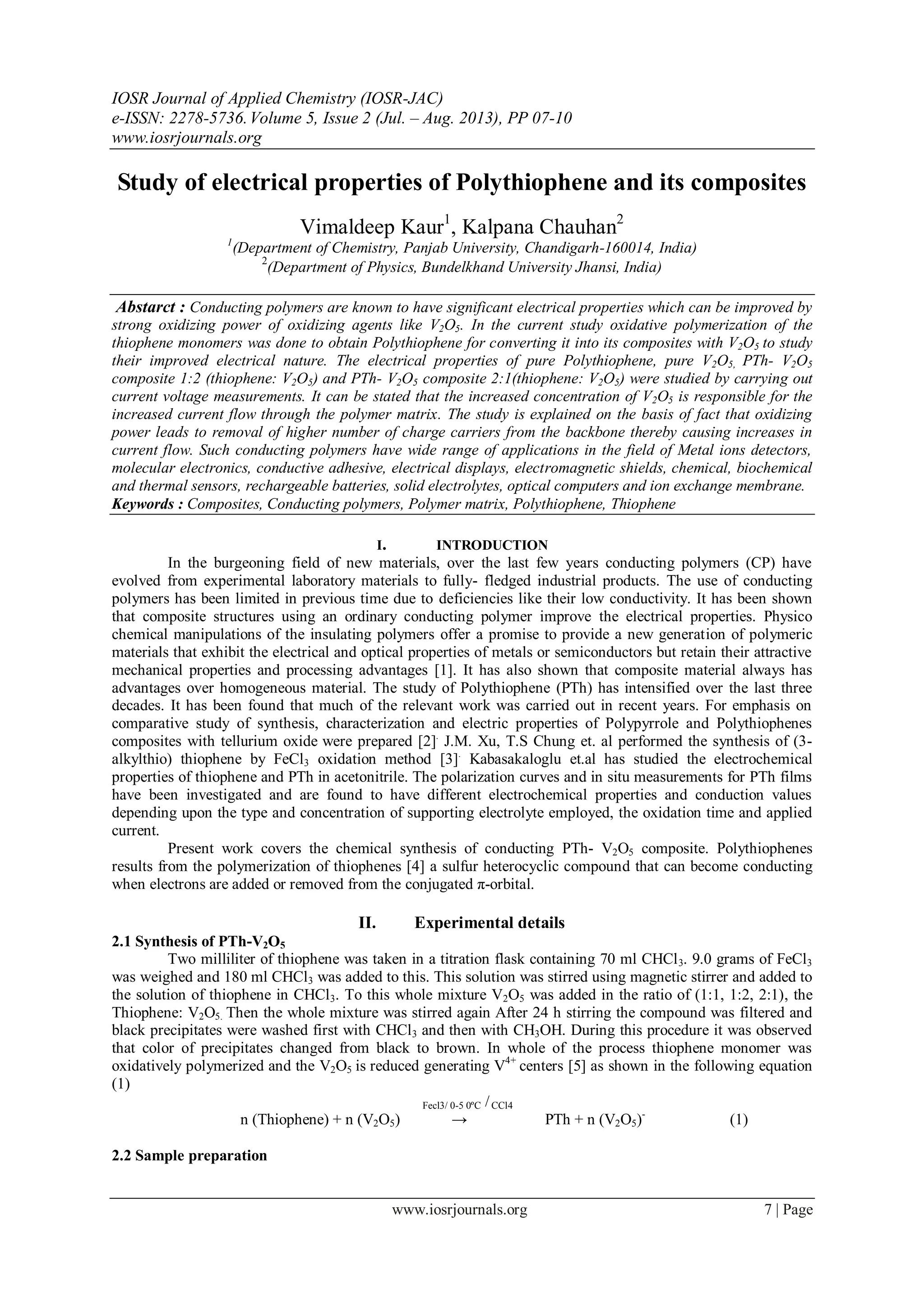 Study of electrical properties of Polythiophene and its composites | PDF