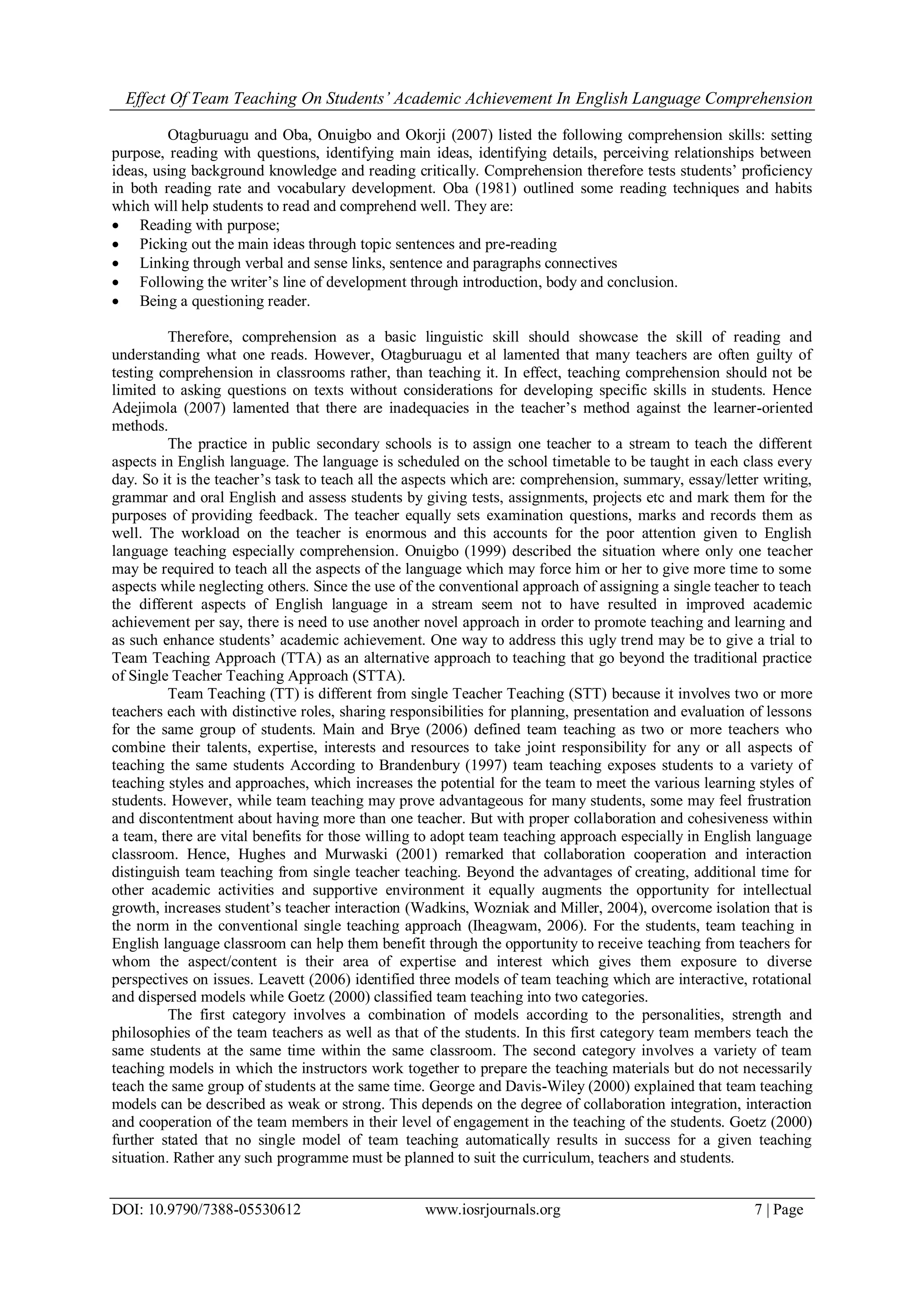 Effects of Team Teaching on Students’ Academic Achievement In English ...