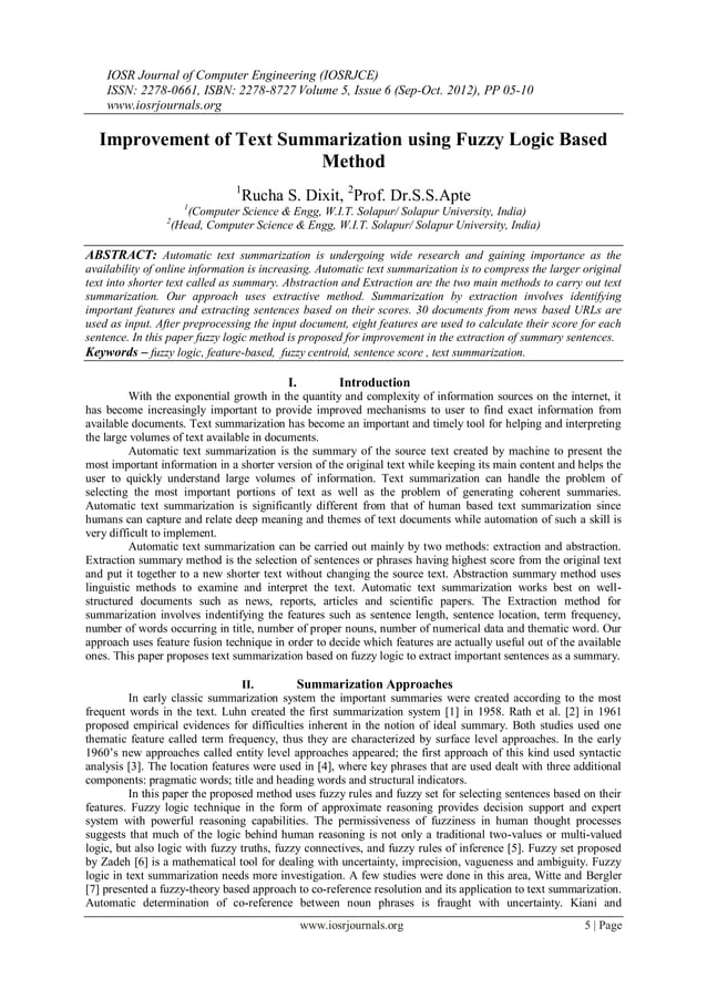 Improvement Of Text Summarization Using Fuzzy Logic Based Method Pdf