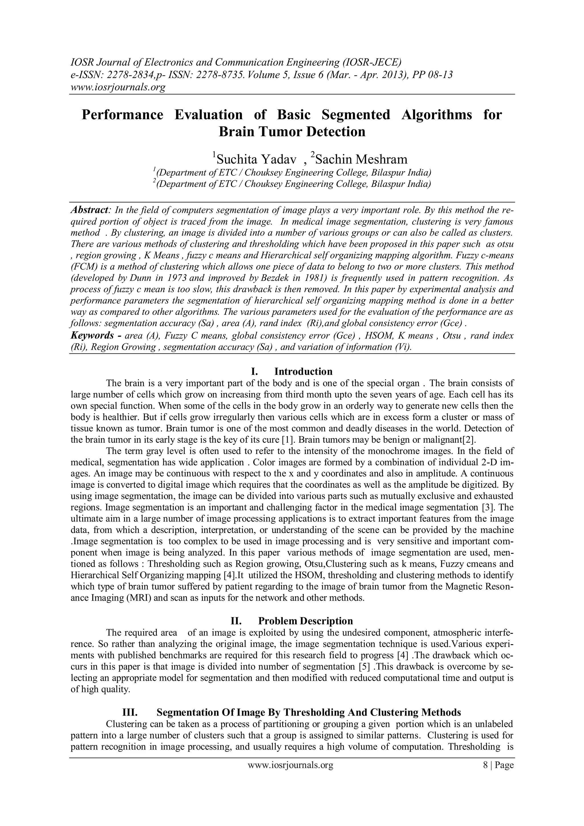 Performance Evaluation of Basic Segmented Algorithms for Brain Tumor Detection | PDF