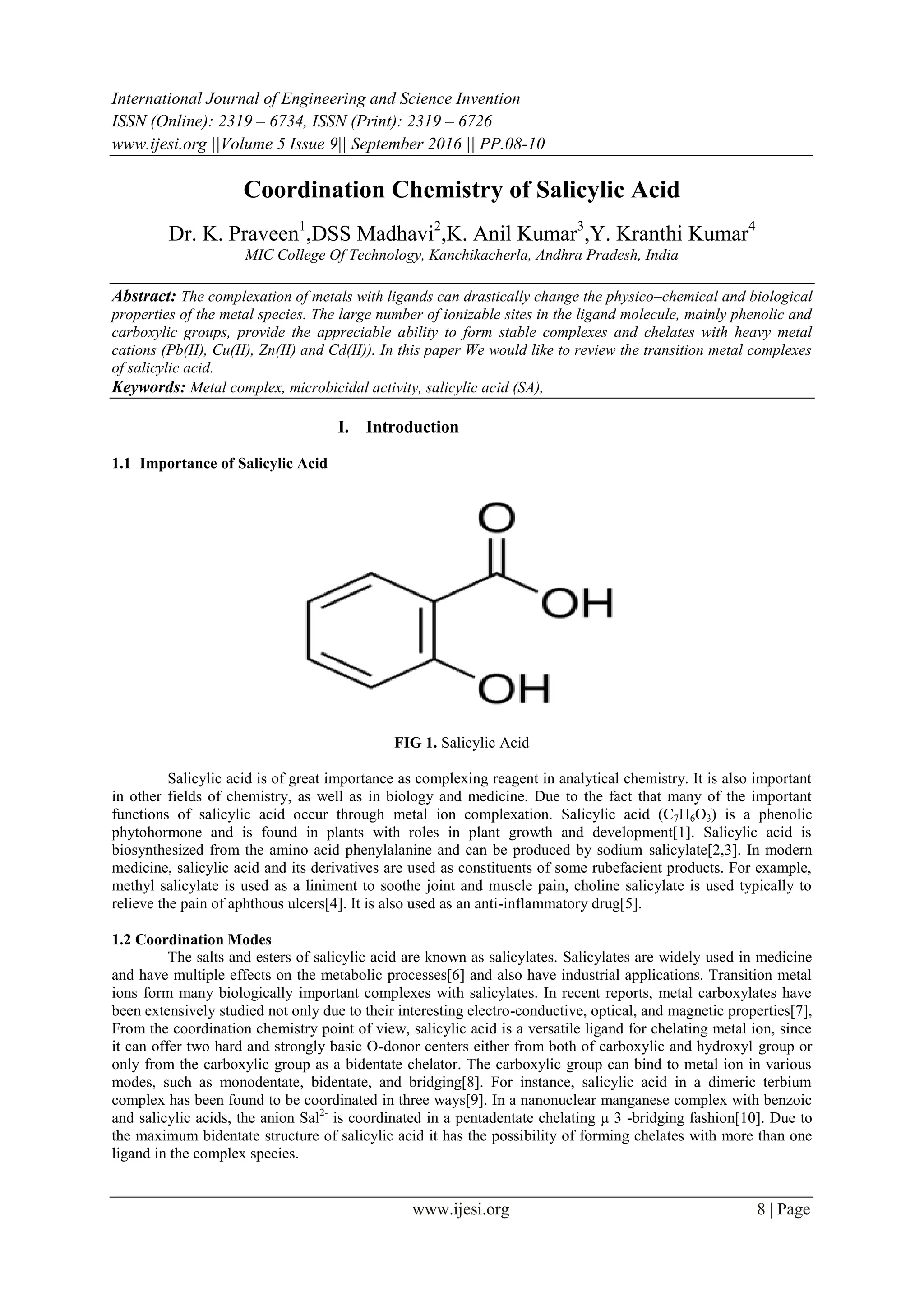 Coordination Chemistry of Salicylic Acid | PDF
